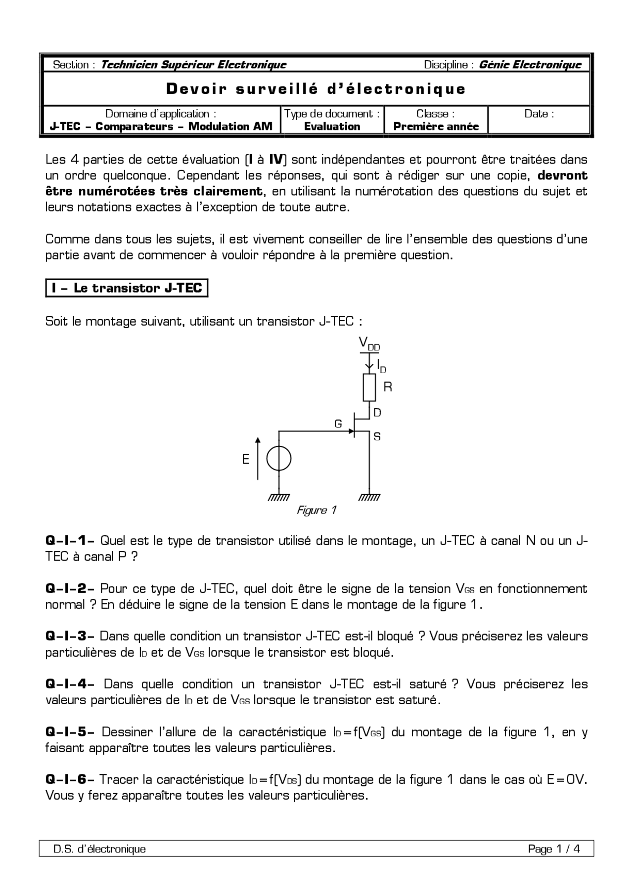 Devoir surveillé d'électronique - Docsity