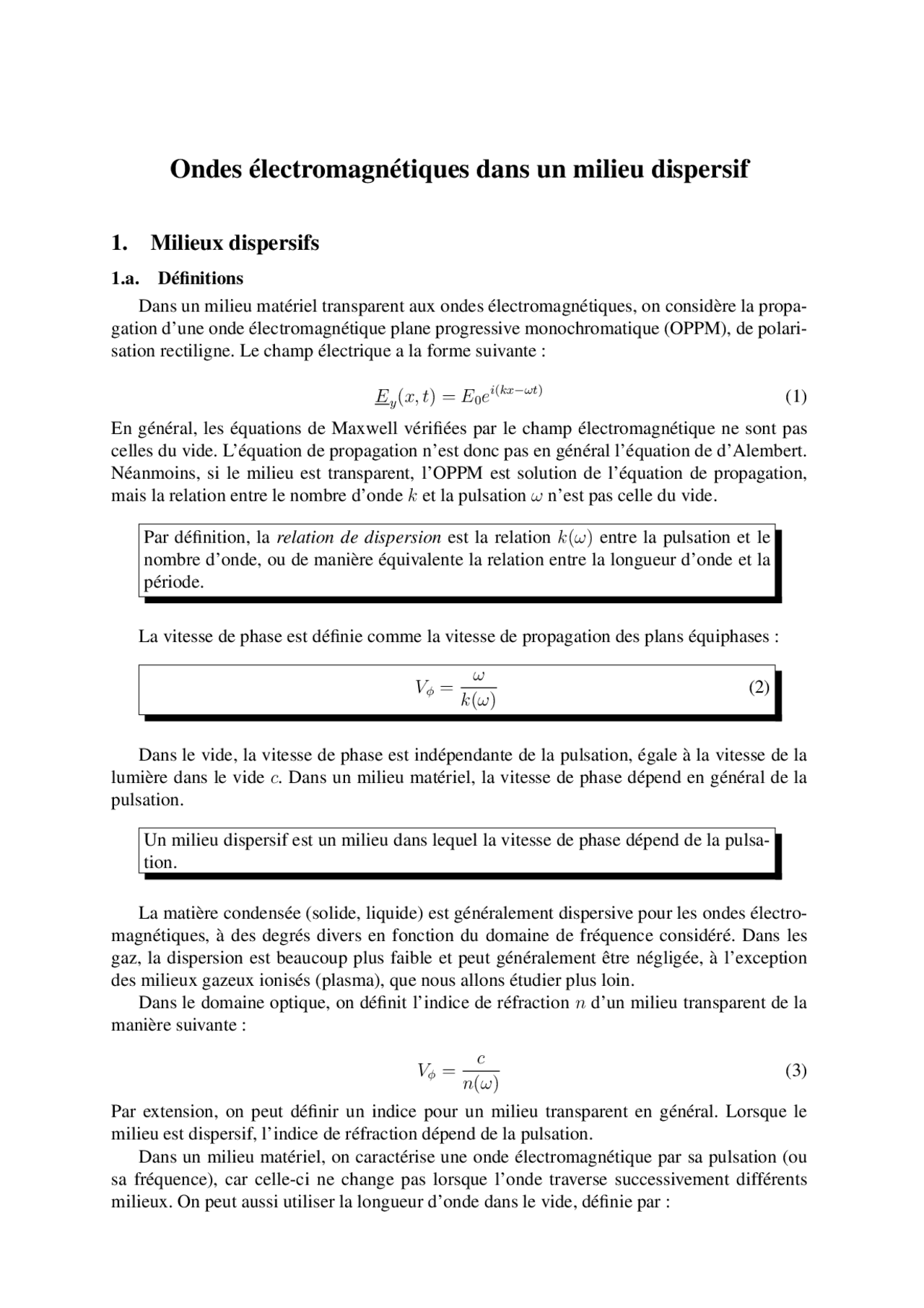 Ondes électromagnétiques dans un milieu dispersif - Docsity