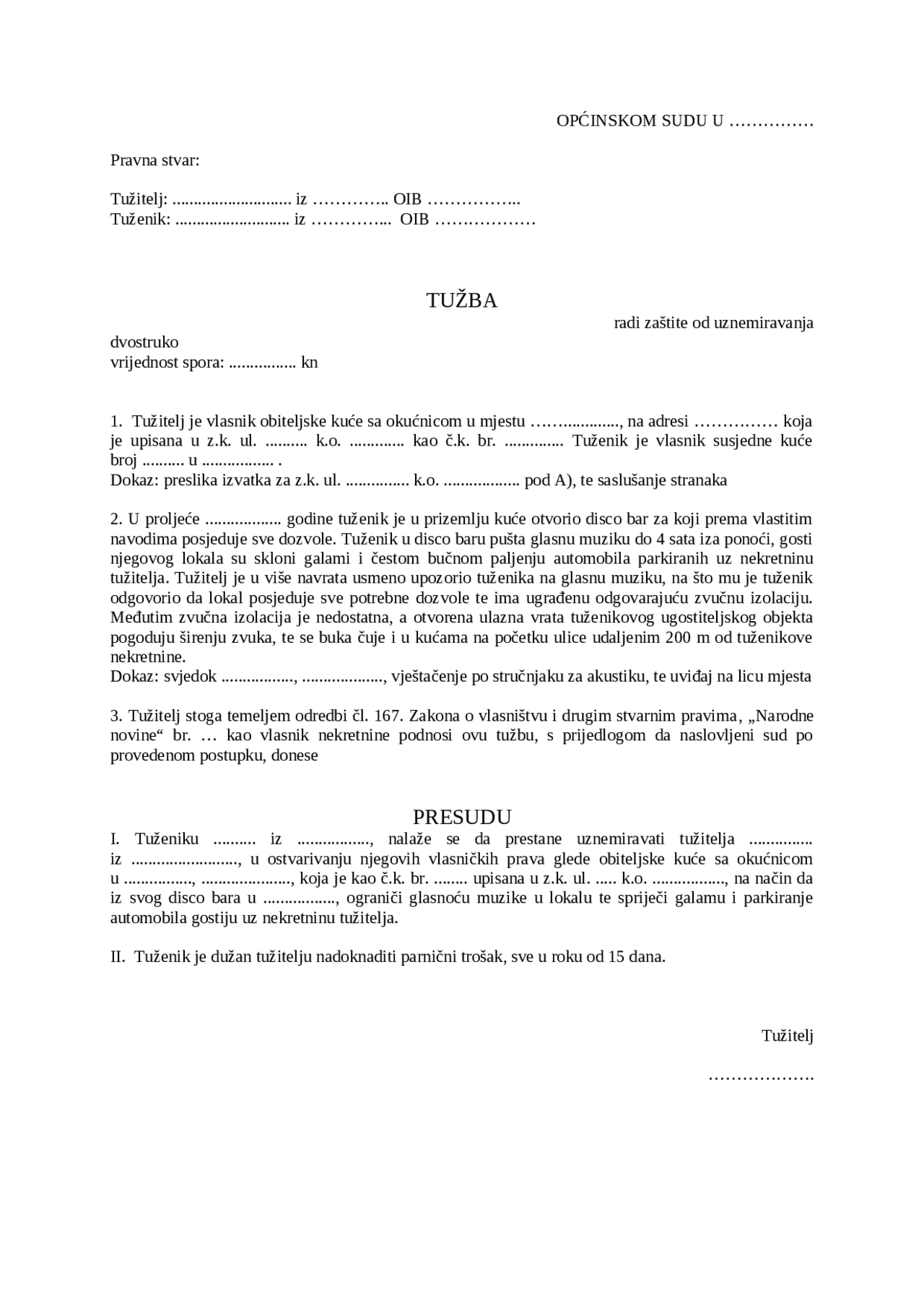 Tužba za zaštitu od uznemiravanja | Formulari' predlog Građansko pravo ...