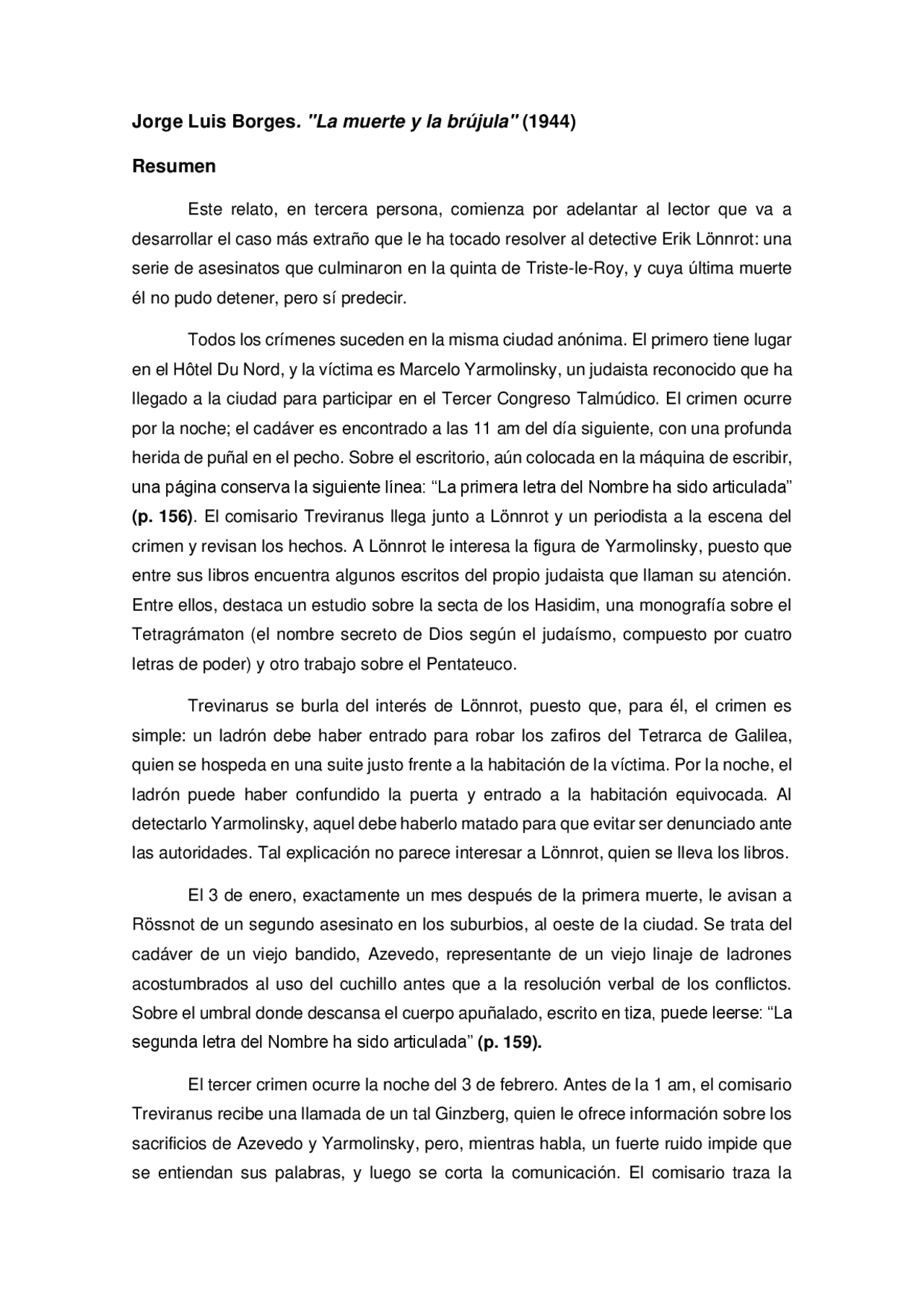 Resumen de La muerte y la brújula de Jorge Luis Borges - Docsity