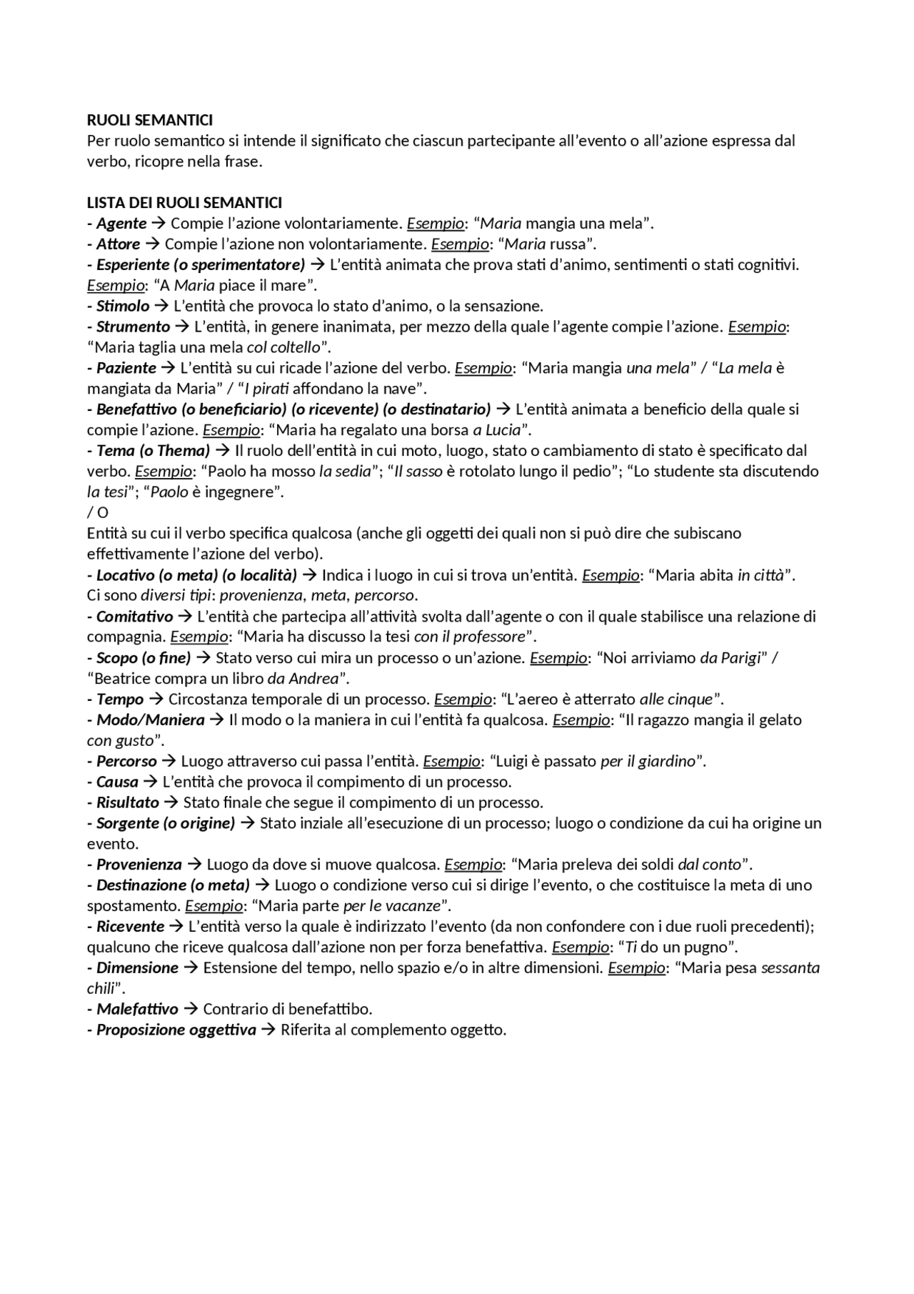 Ruoli Semantici Per Lesame Di Semantica E Pragmatica Docsity