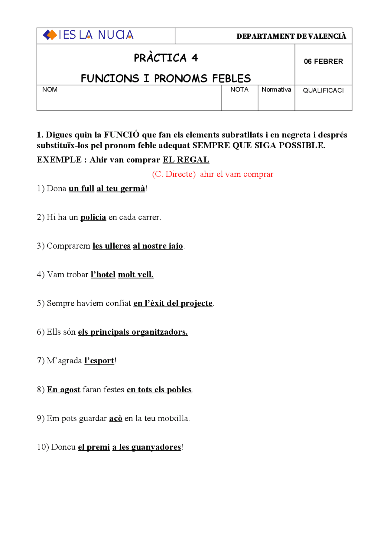 Ejercicios De Pronoms Febles Ejercicios De Valenciano Docsity