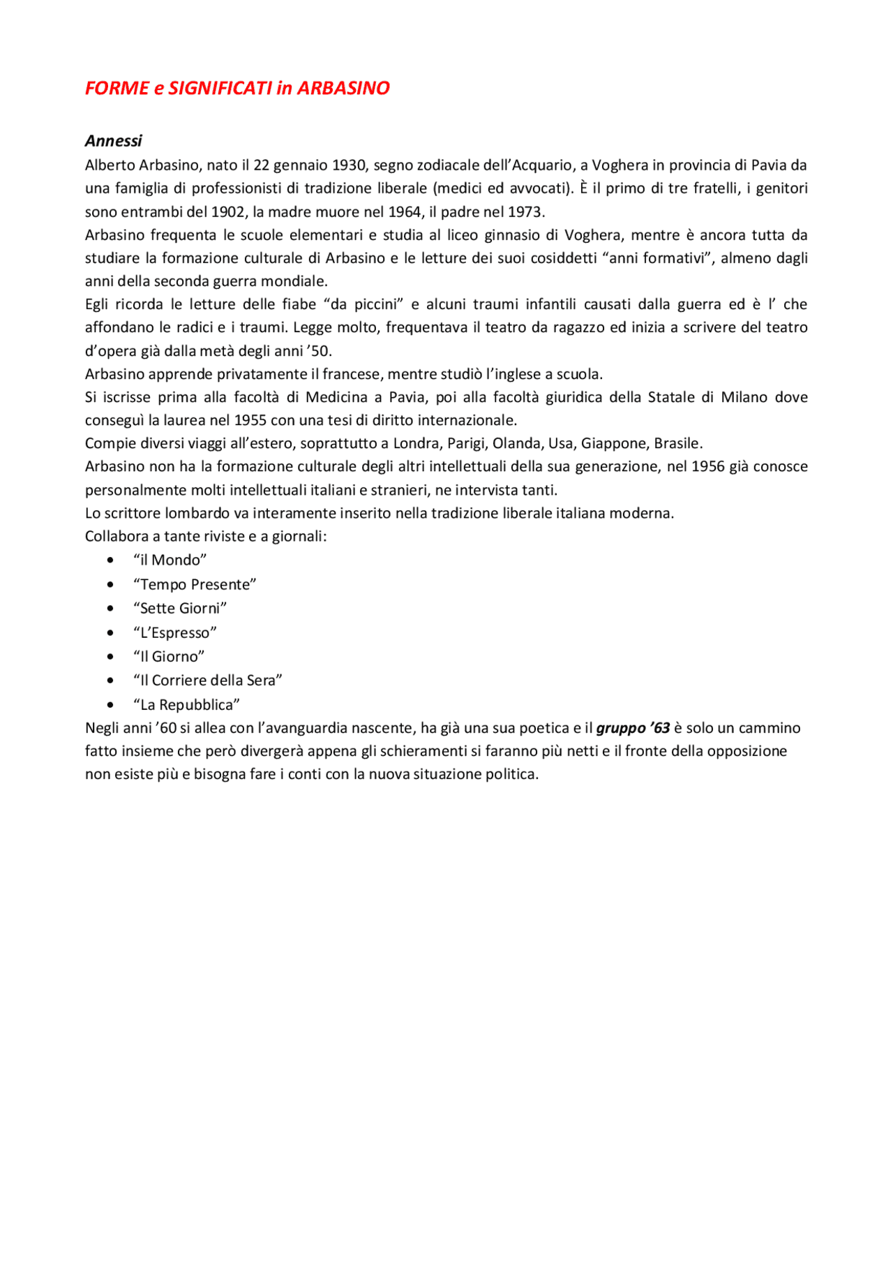 Riassunto Del Libro Forme E Significati In Alberto Arbasino Docsity