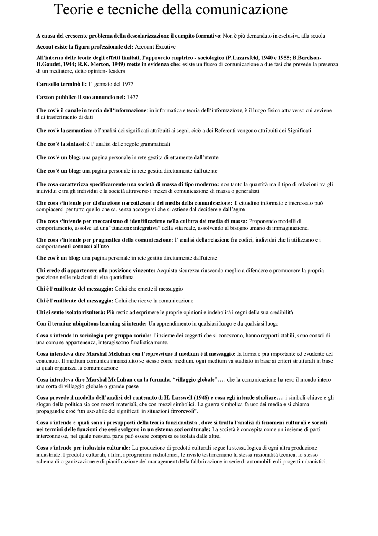 Teorie E Tecniche Della Comunicazione Test Docsity
