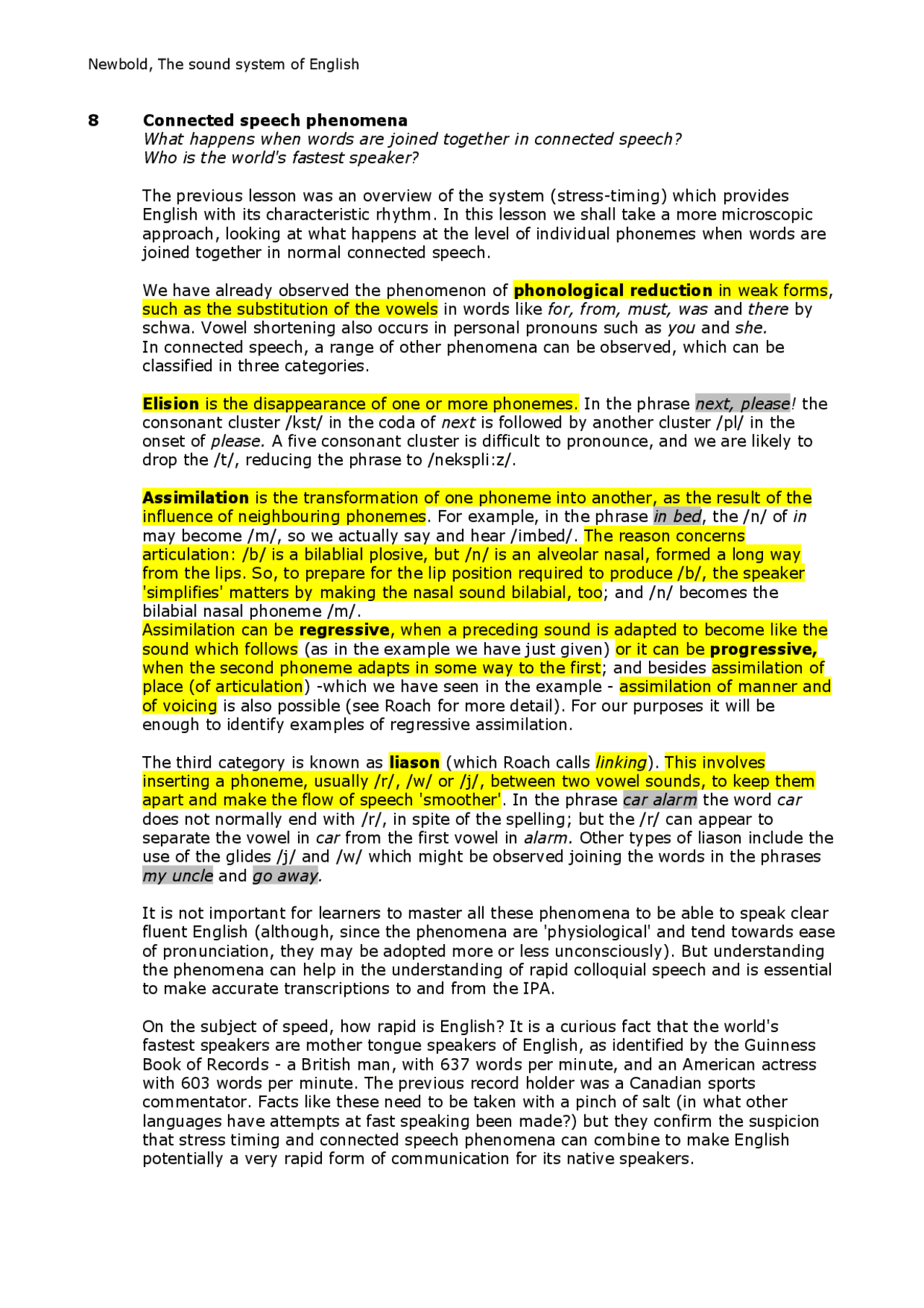 Connected speech phenomena | Schemi e mappe concettuali di Linguistica Inglese - Docsity