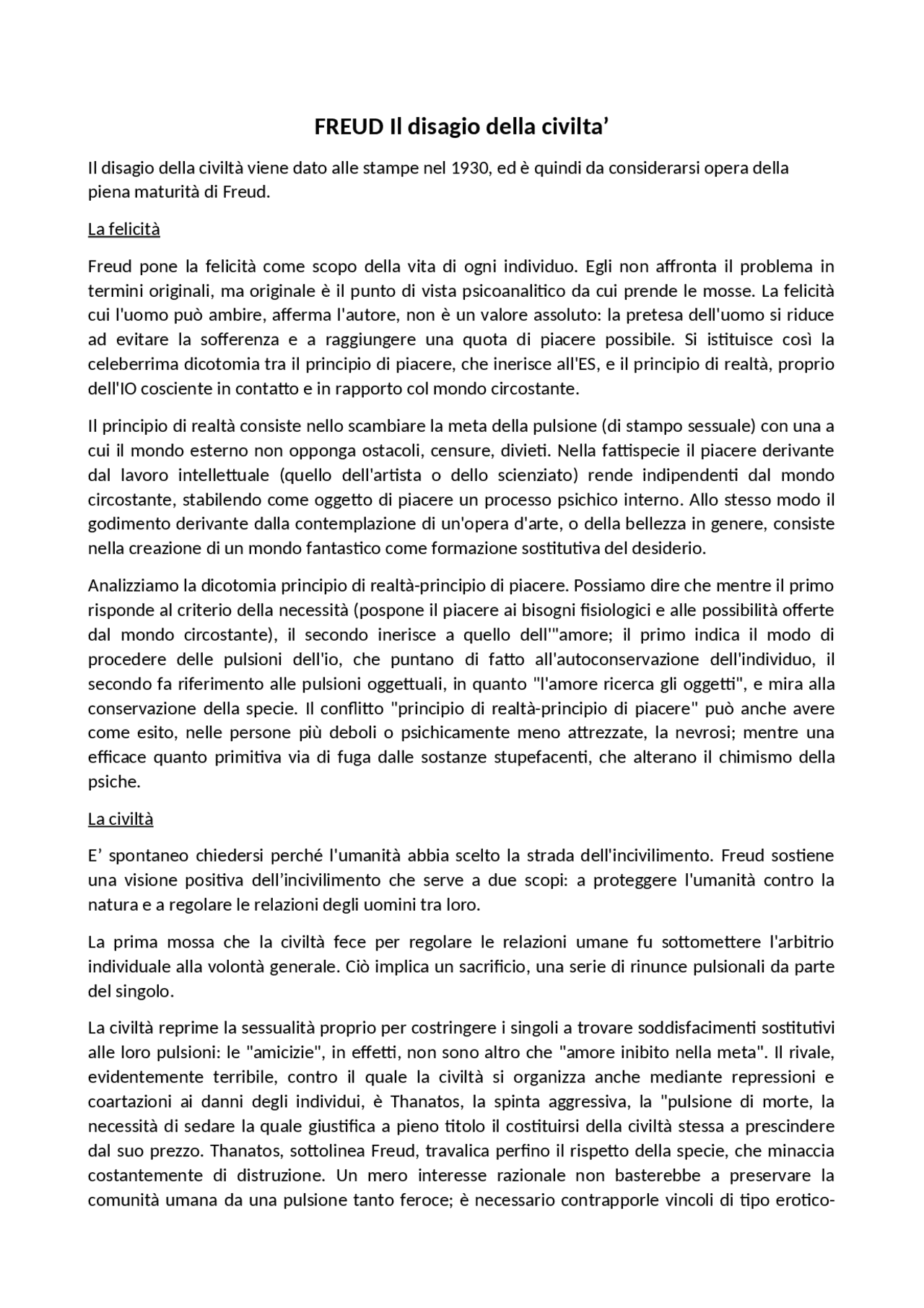 Il Disagio Della Civiltà Di Freud Appunti Di Filosofia Docsity