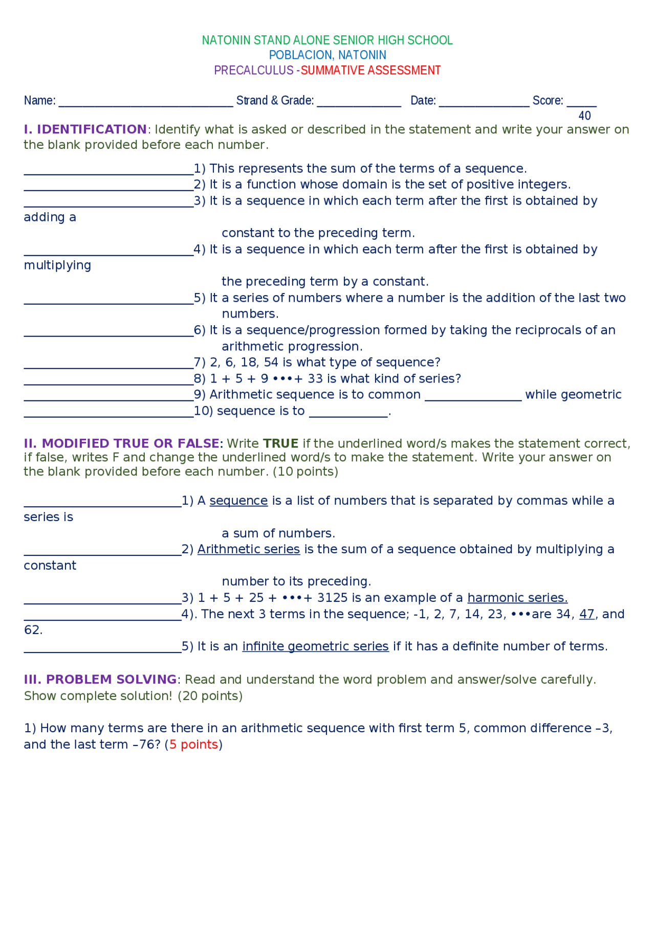 Pre-calculus STEM strand Senior High School | Summaries Mathematics ...