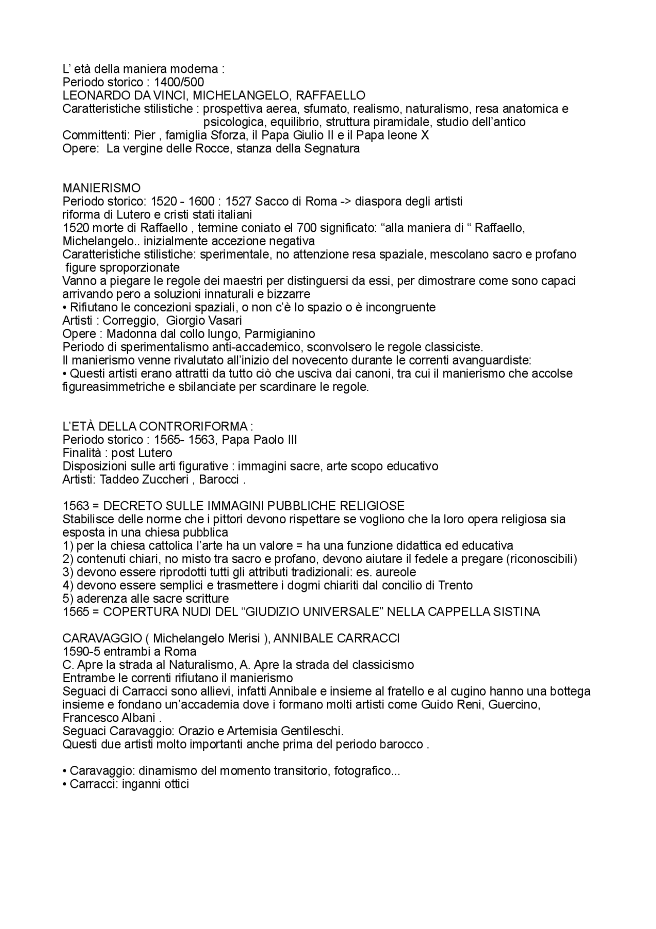 Ripasso Manierismo Controriforma E Opere Caravaggio Docsity