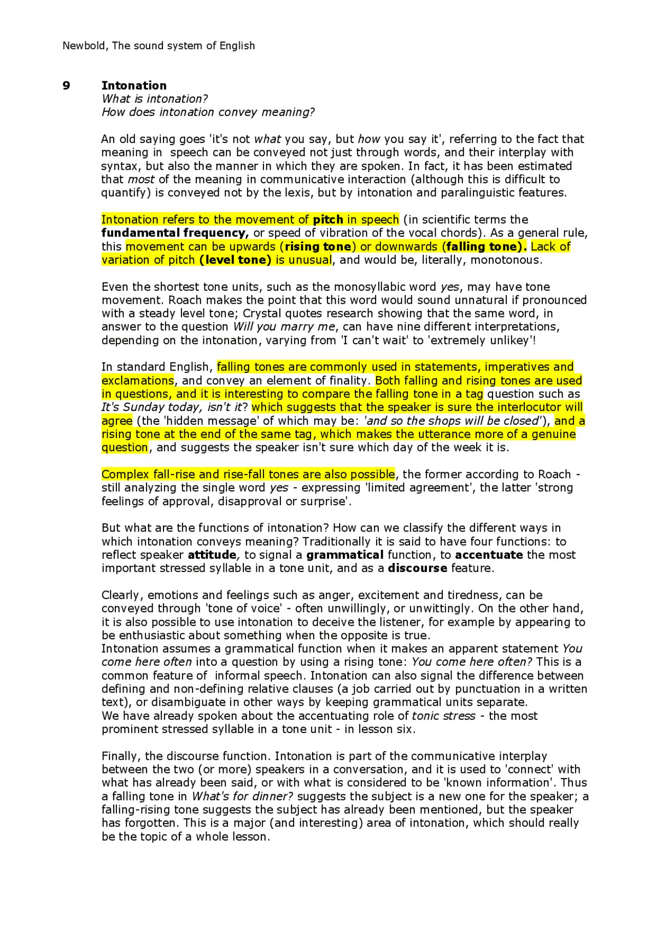 Intonation in the English language - Docsity