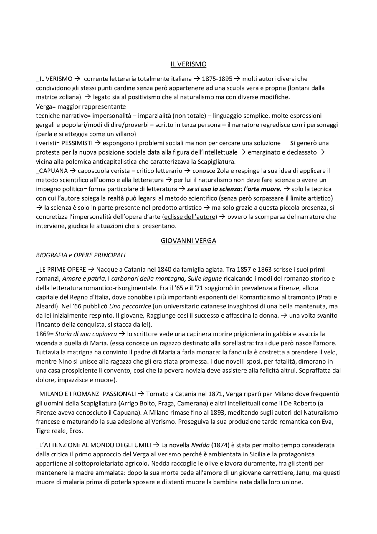 Il verismo di Giovanni Verga | Schemi e mappe concettuali di Italiano | Docsity