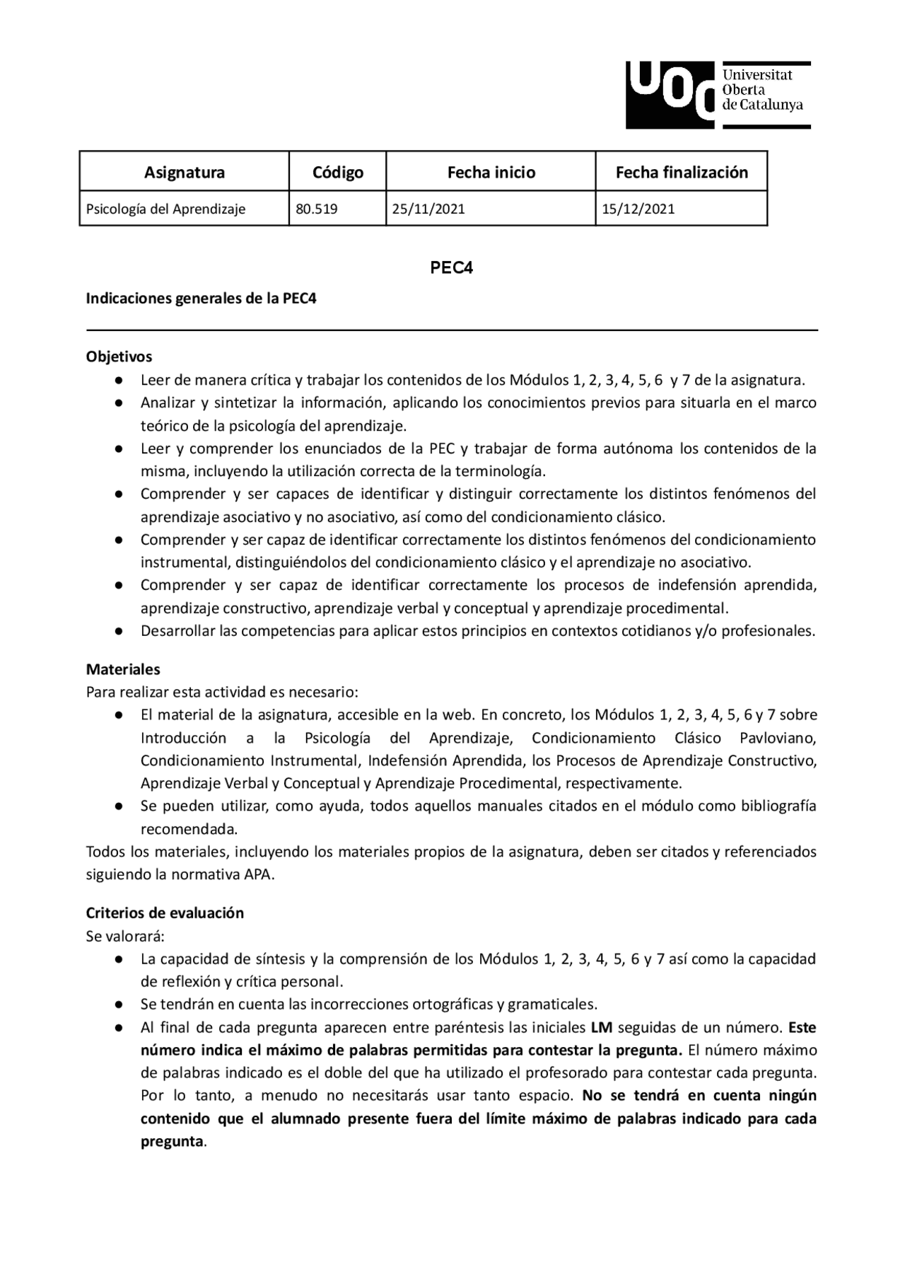 Pec Psicología Del Aprendizaje Docsity