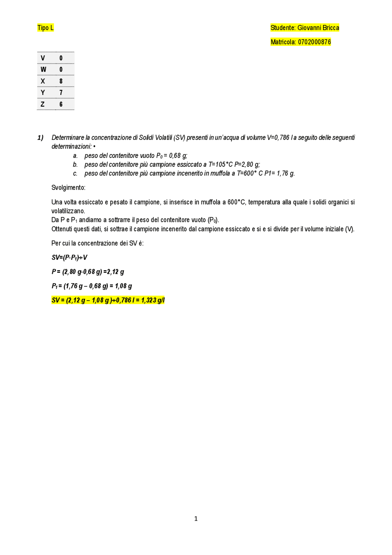 Prova Intercorso Ingegneria Ambientale N°1 Tipo L Docsity