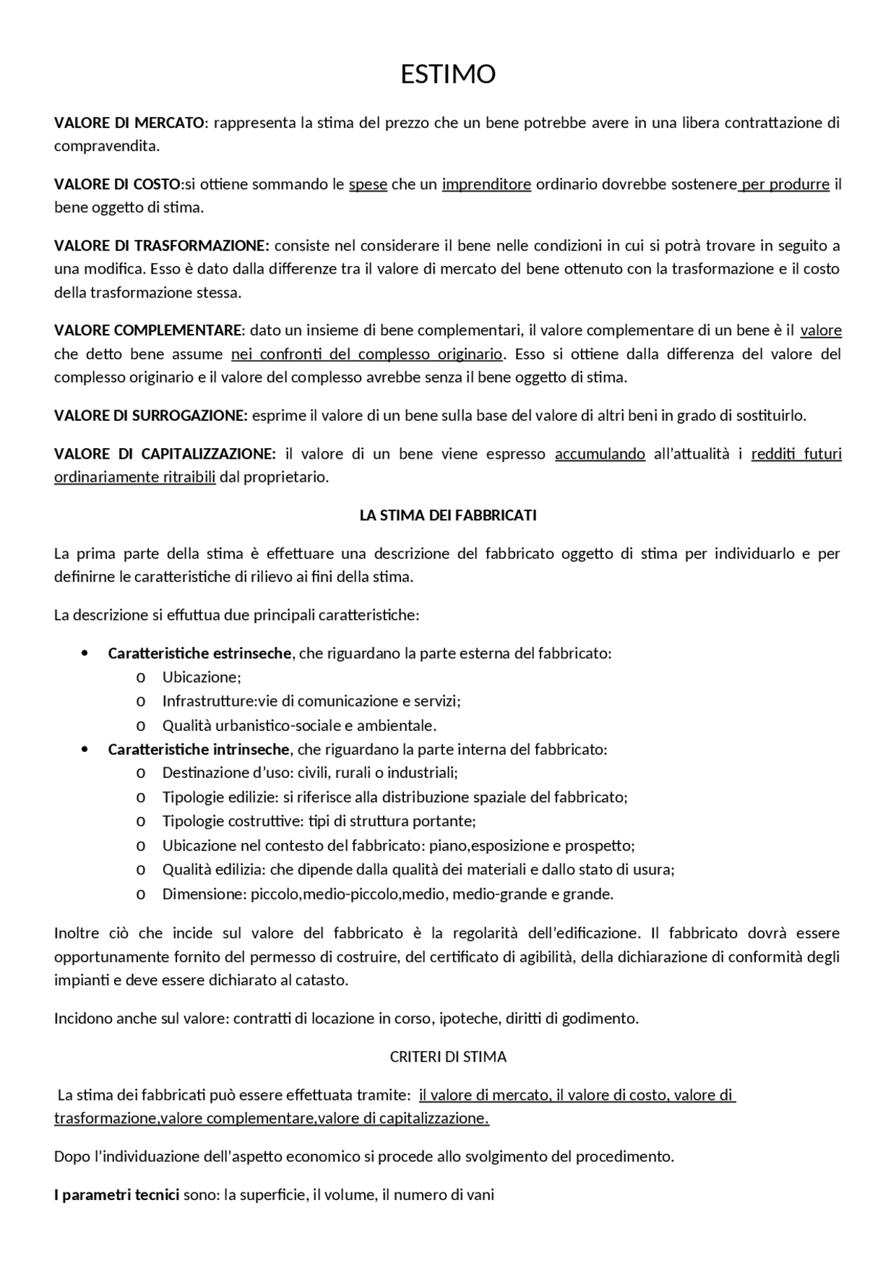 Prima Parte Argomenti Estimo Docsity