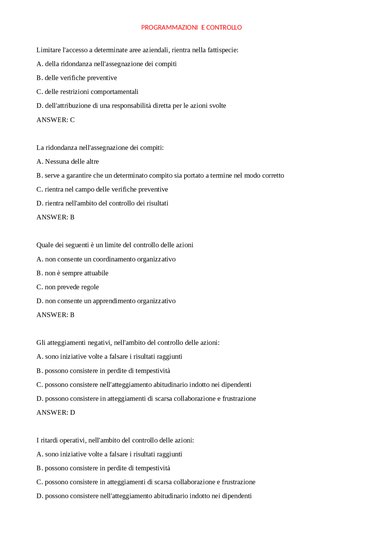 Programmazioni E Controllo Domande Chiuse Lm 56 Ecampus Docsity