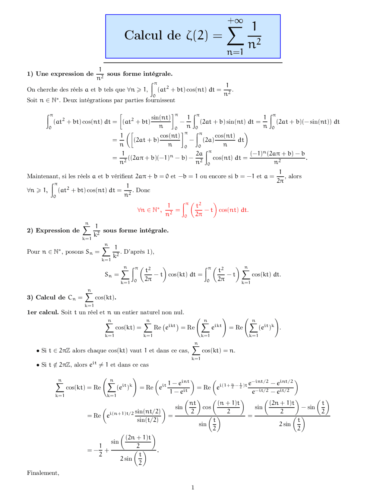 Calcul De ζ2 ∑ 1 N2 Résumés Mathématiques Docsity