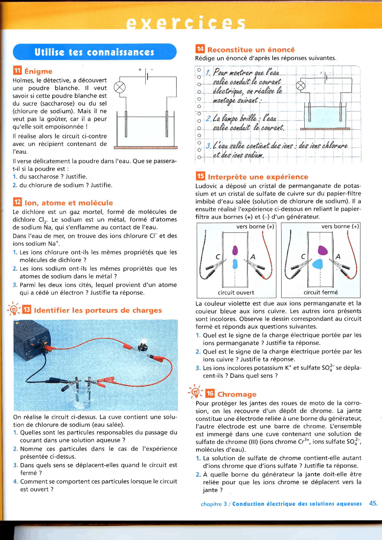 Exercices sur la conduction électrique des solutions aqueuses | Partie 1 - Docsity
