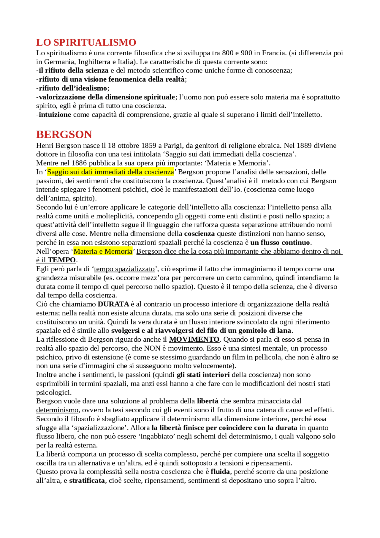 Spiritualismo e Filosofia di Bergson - Docsity