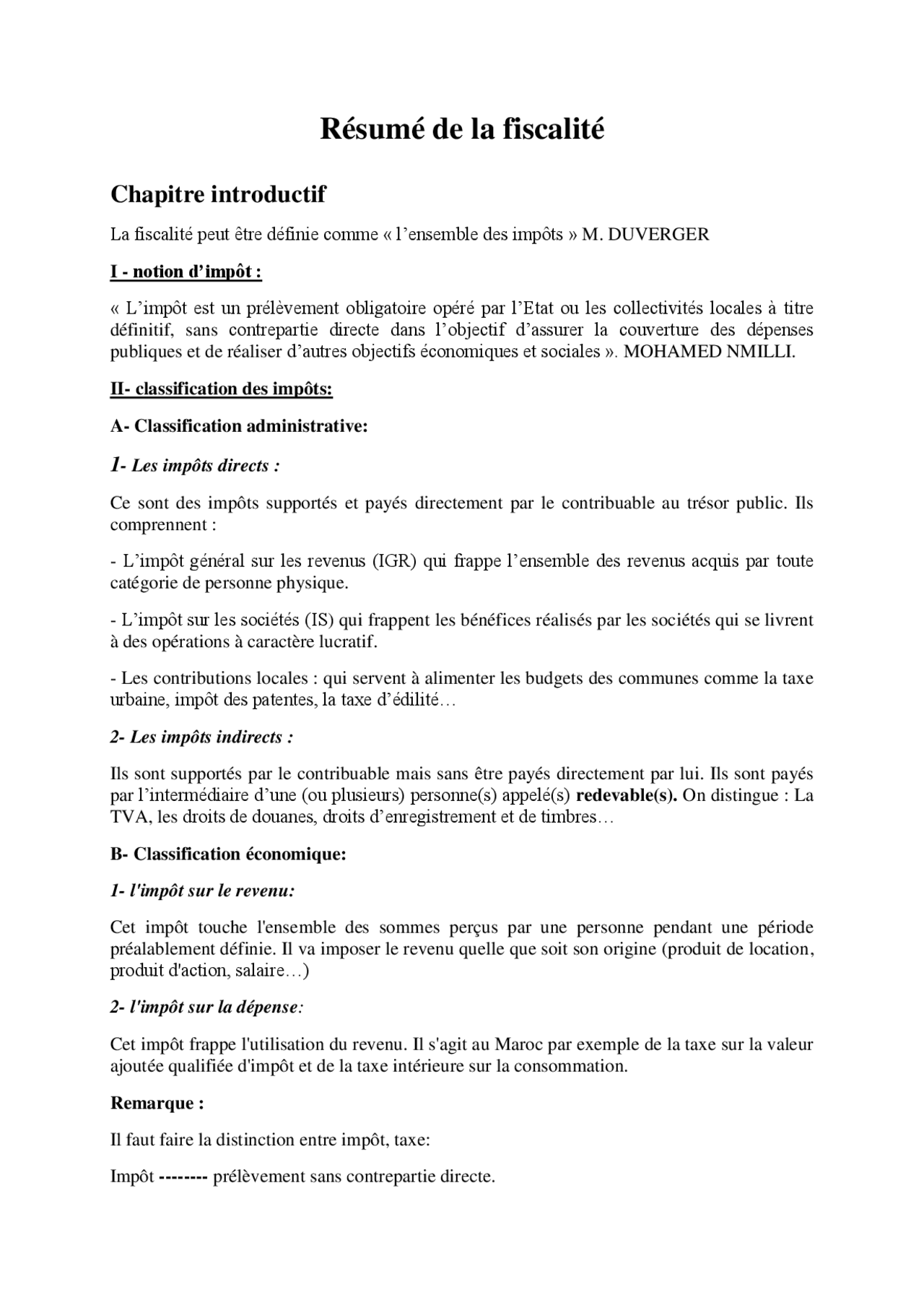 Résumé De La Fiscalité Docsity