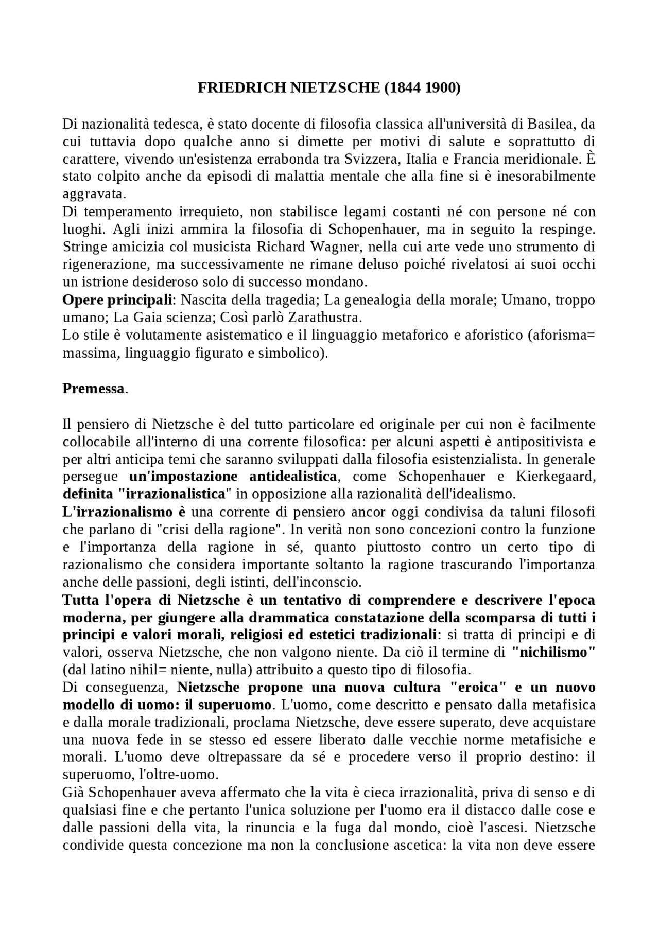 Friedrich Nietzsche Sintesi Appunti Di Filosofia Docsity
