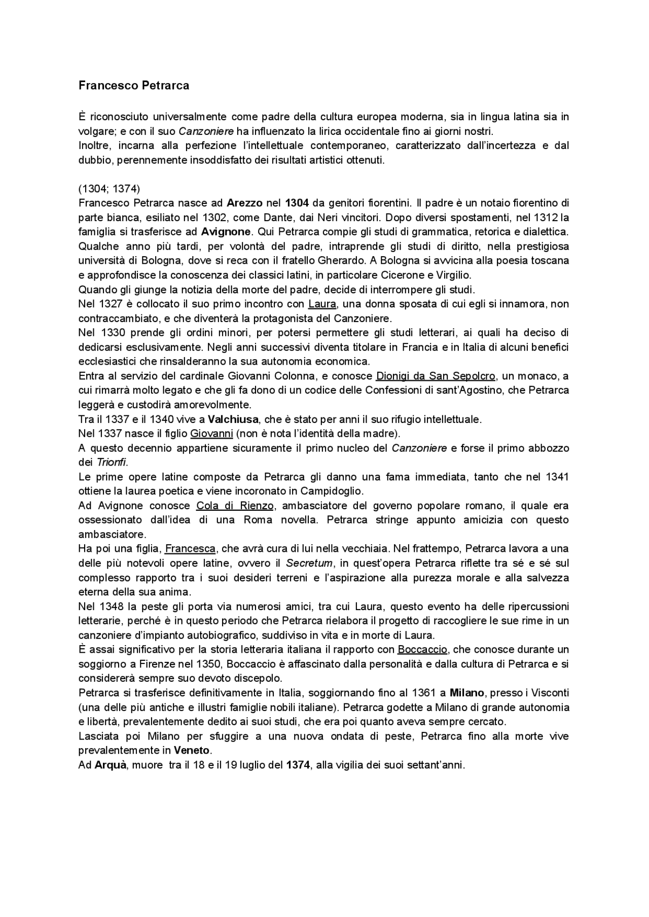 Biografia di Francesco Petrarca - Docsity