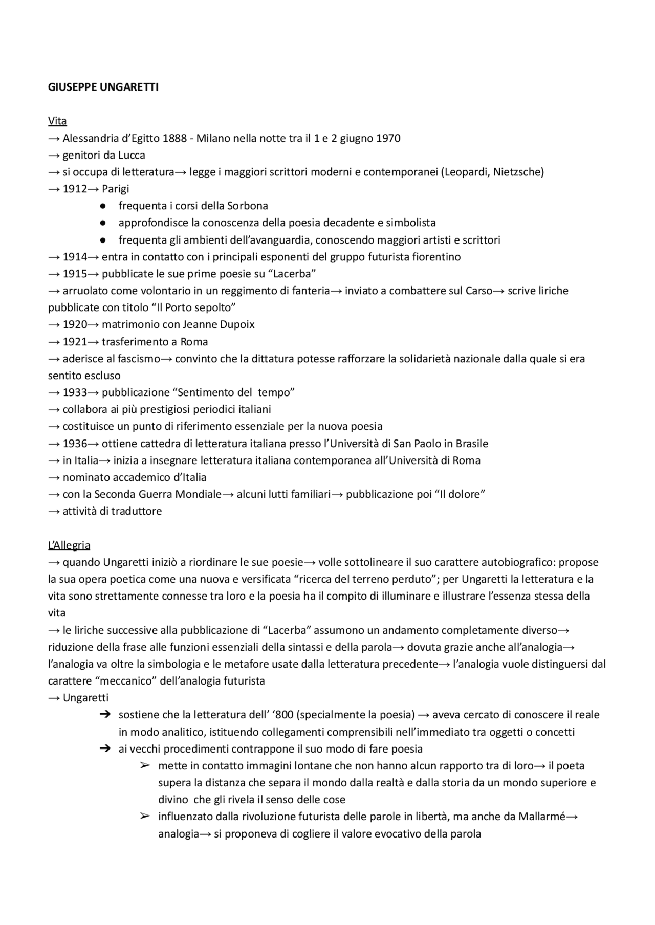 Giuseppe Ungaretti Schema Docsity