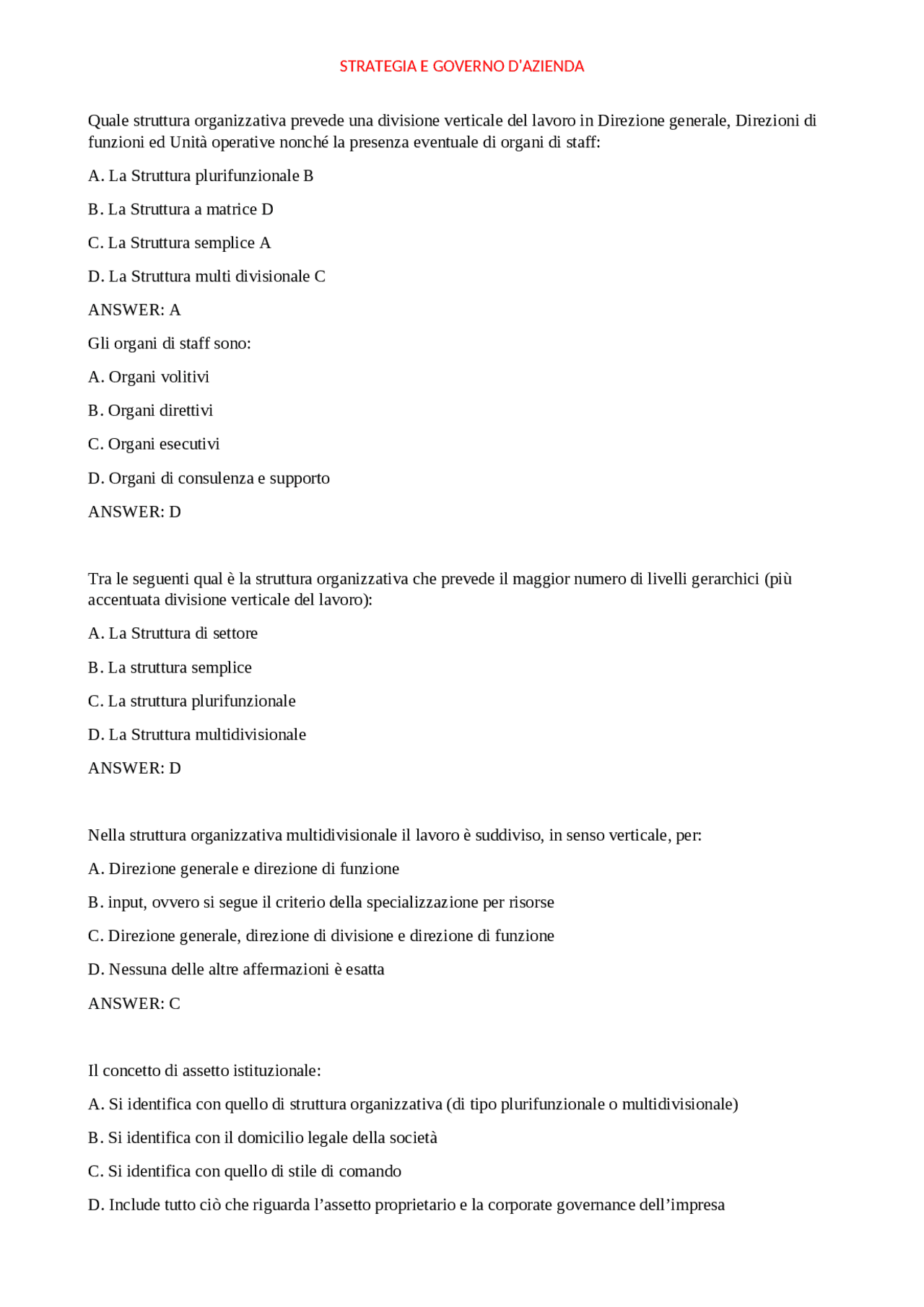 Strategia E Governo Dazienda Domande Chiuse Lm 56 Ecampus Docsity