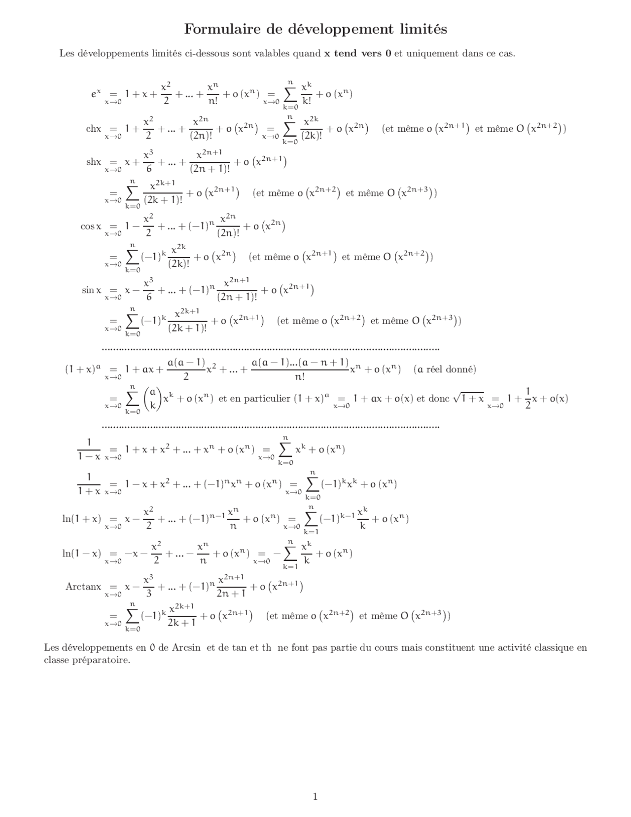 Formulaire de développement limités | Lectures Mathématiques | Docsity