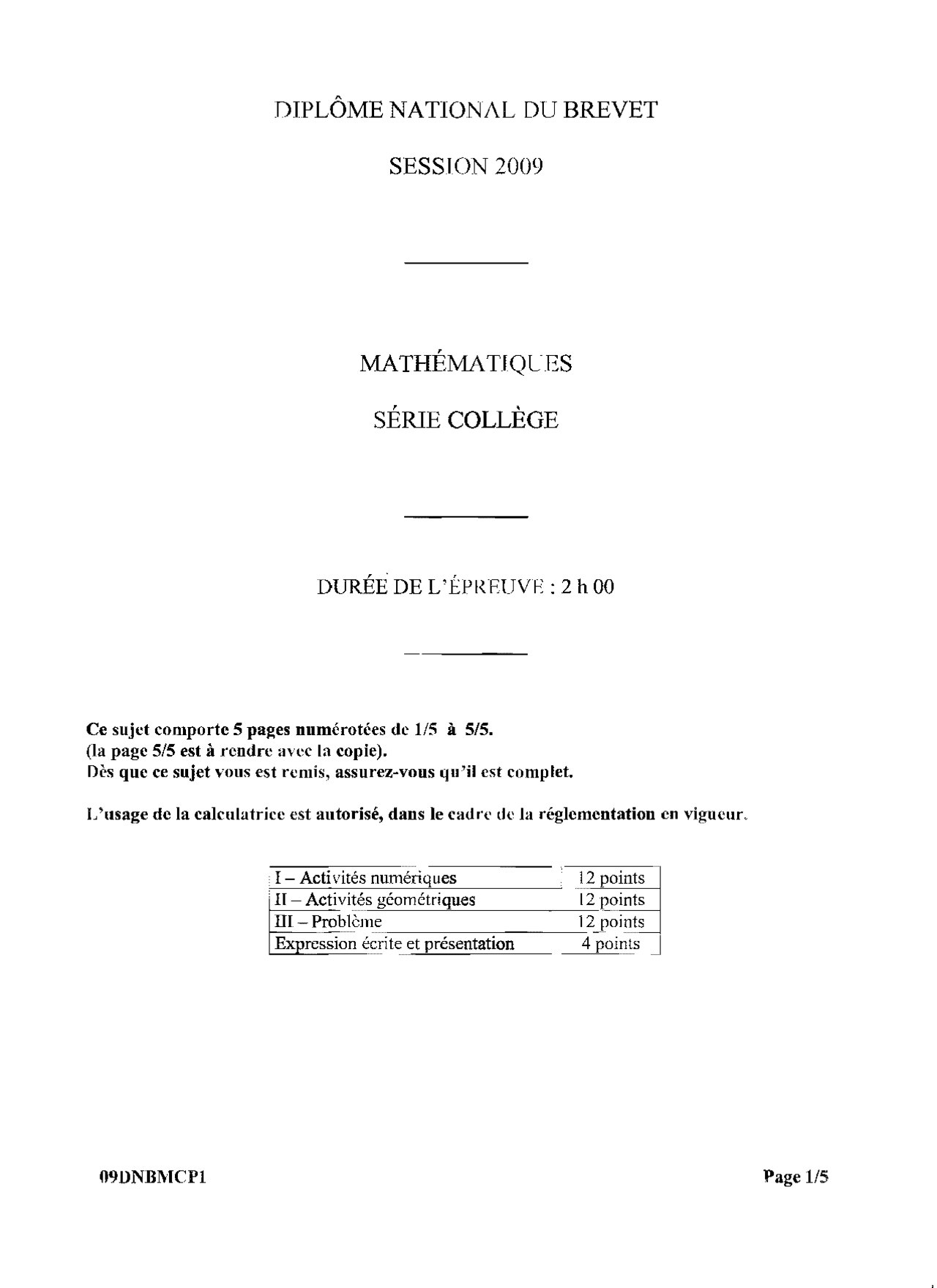 Maths Diplome National Du Brevet Session 2009 Docsity