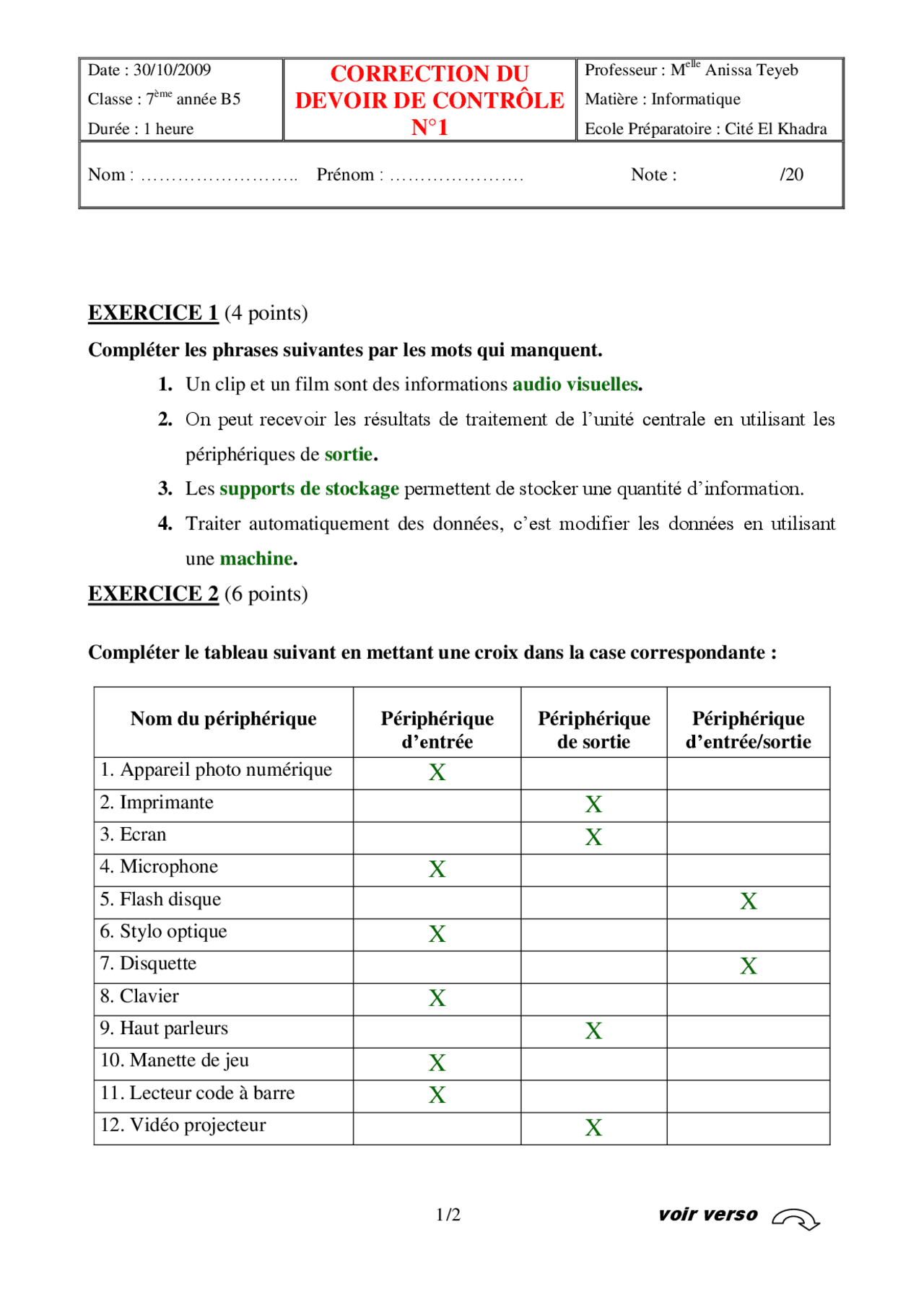 Correction du devoir de controle n°1 d'Informatique - Docsity