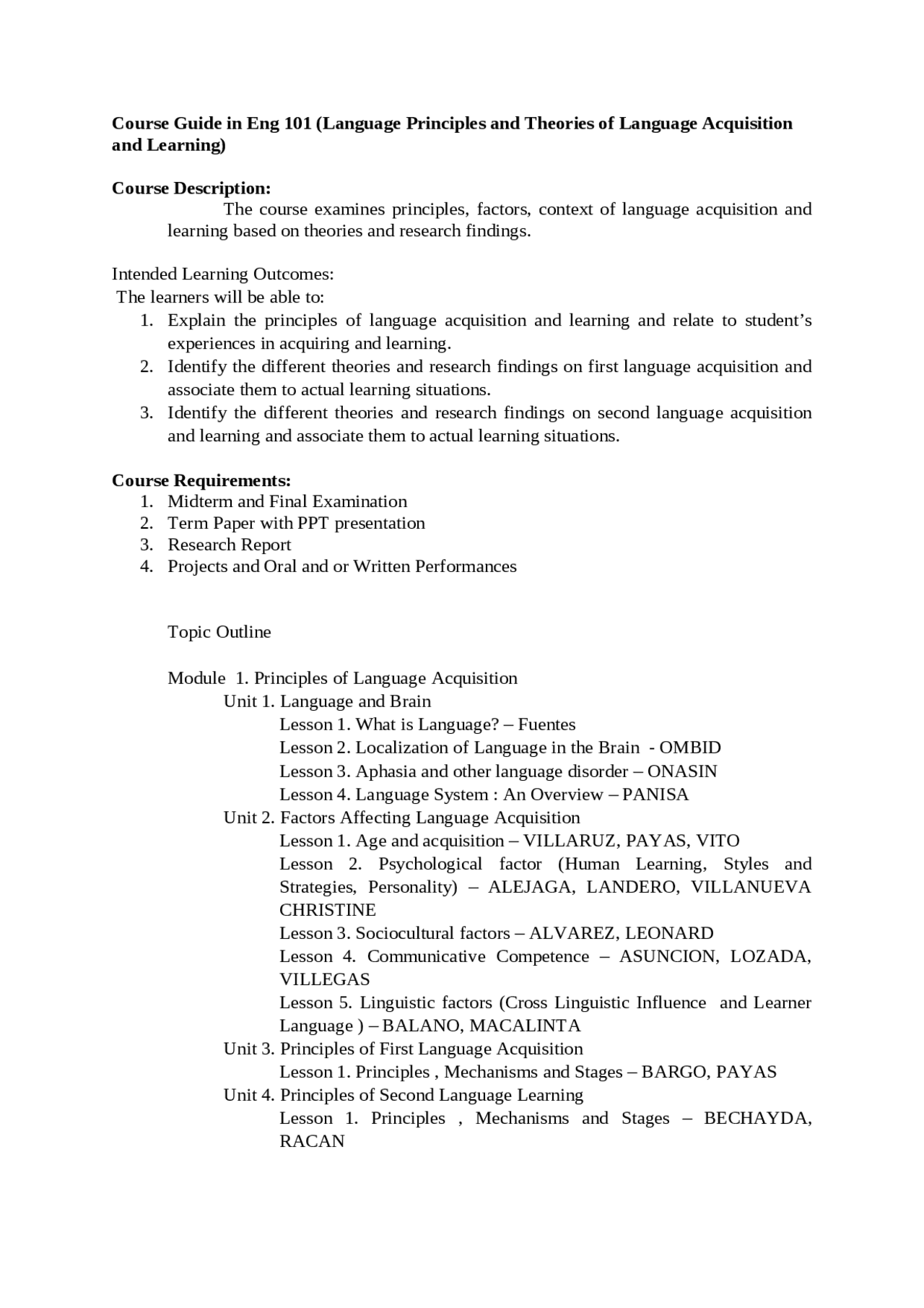 Eng 101 Course Guide: Language Acquisition and Theories of Language Learning | Summaries English ...
