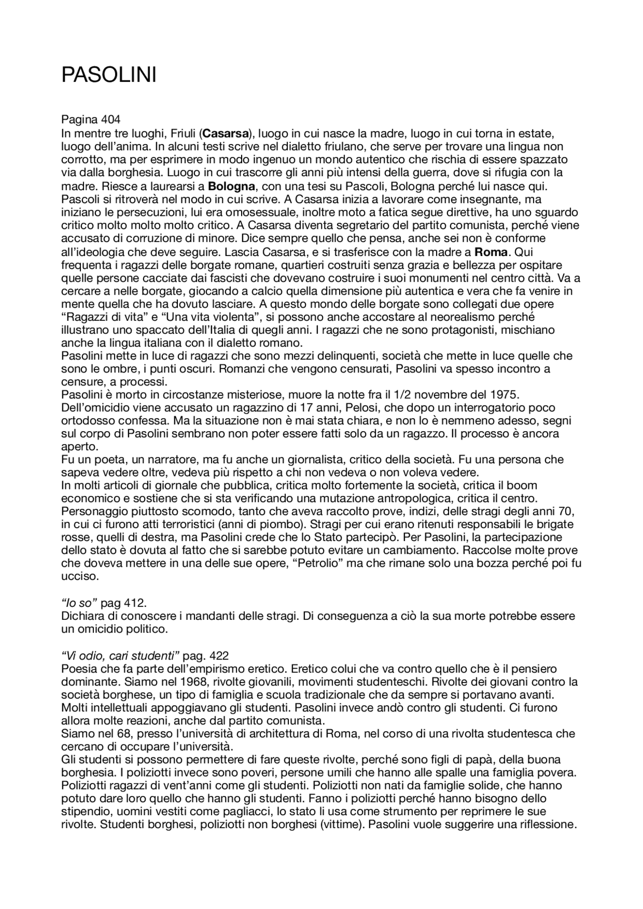 Appunti Pasolini 2020/2021 | Appunti di Italiano | Docsity