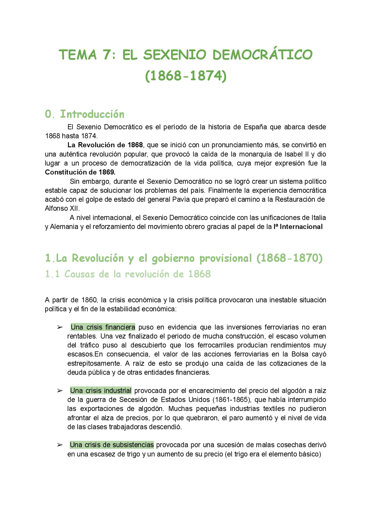 TEMA 7: EL SEXENIO DEMOCRÁTICO (1868-1874) - Docsity