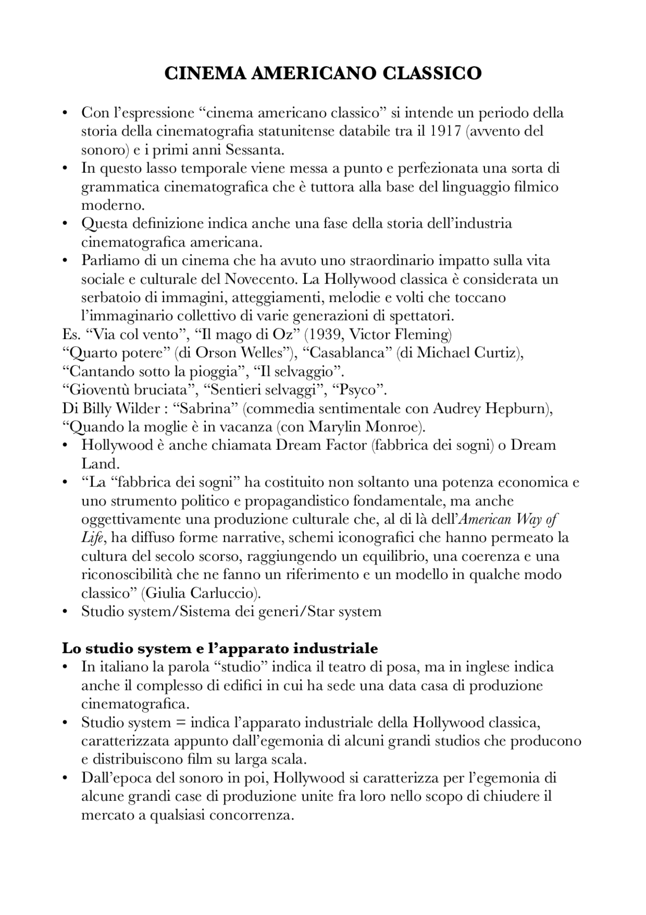Cinema Hollywoodiano Classico Docsity