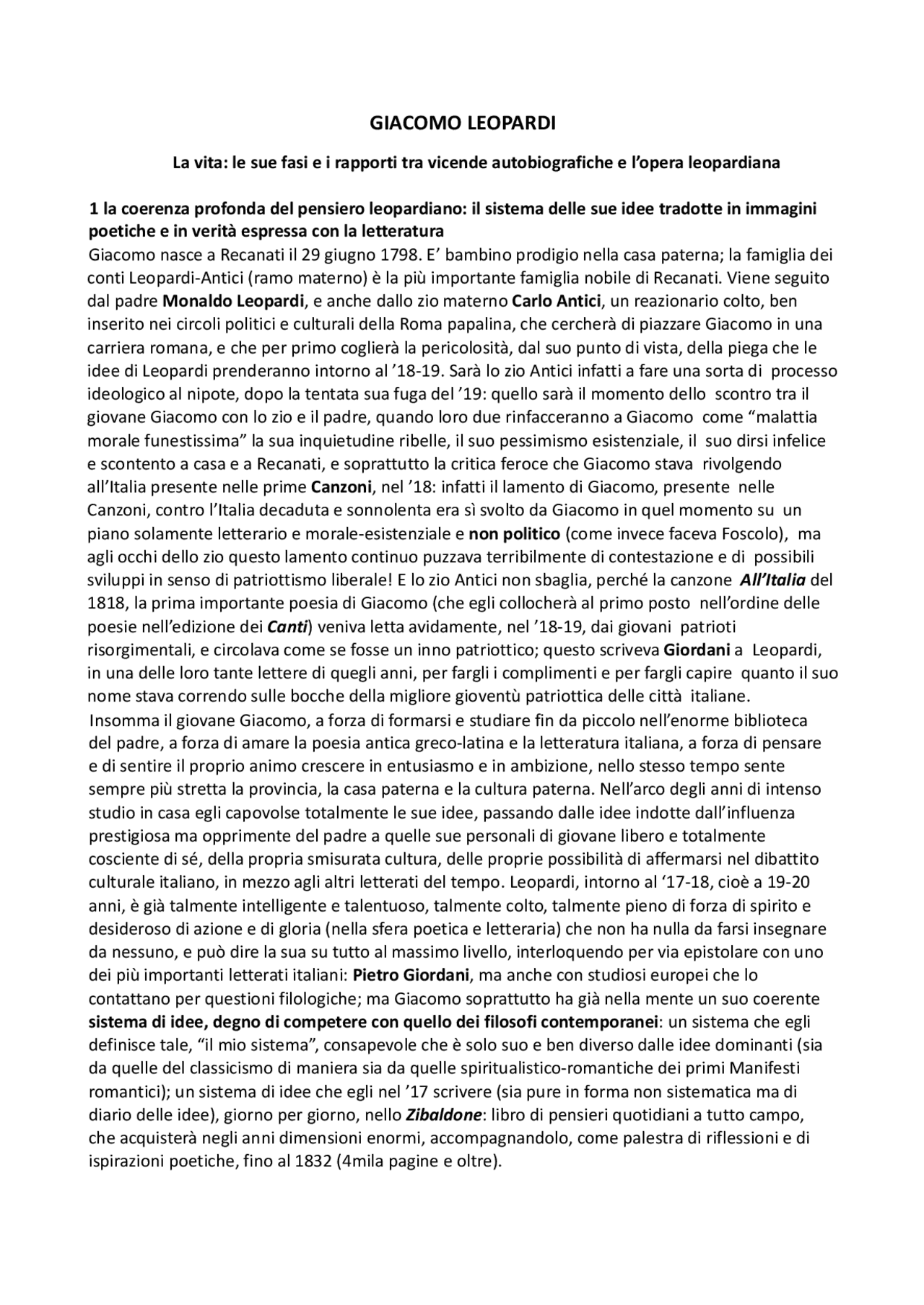 Appunti giacomo leopardi - Docsity