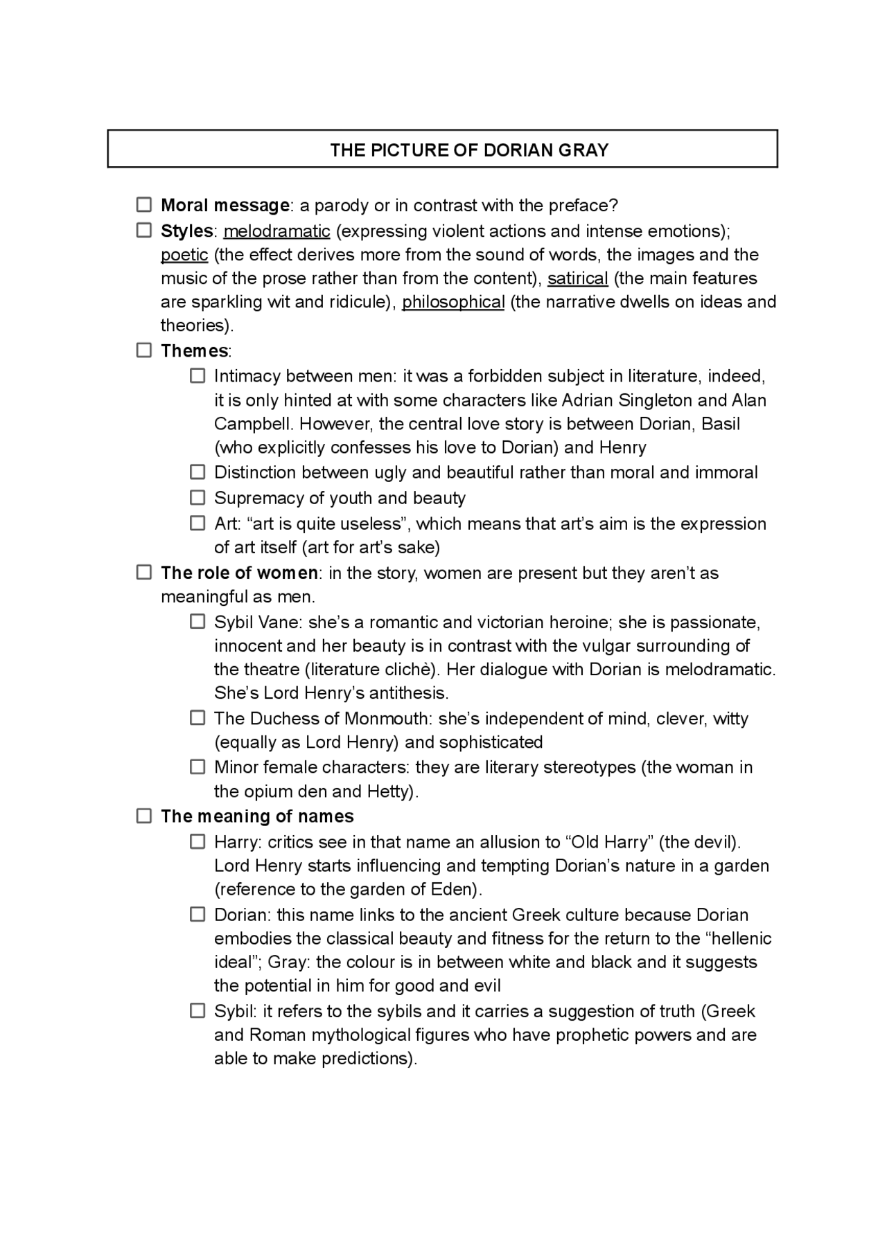 Summary of "The Picture of Dorian Gray" by Oscar Wilde - Docsity