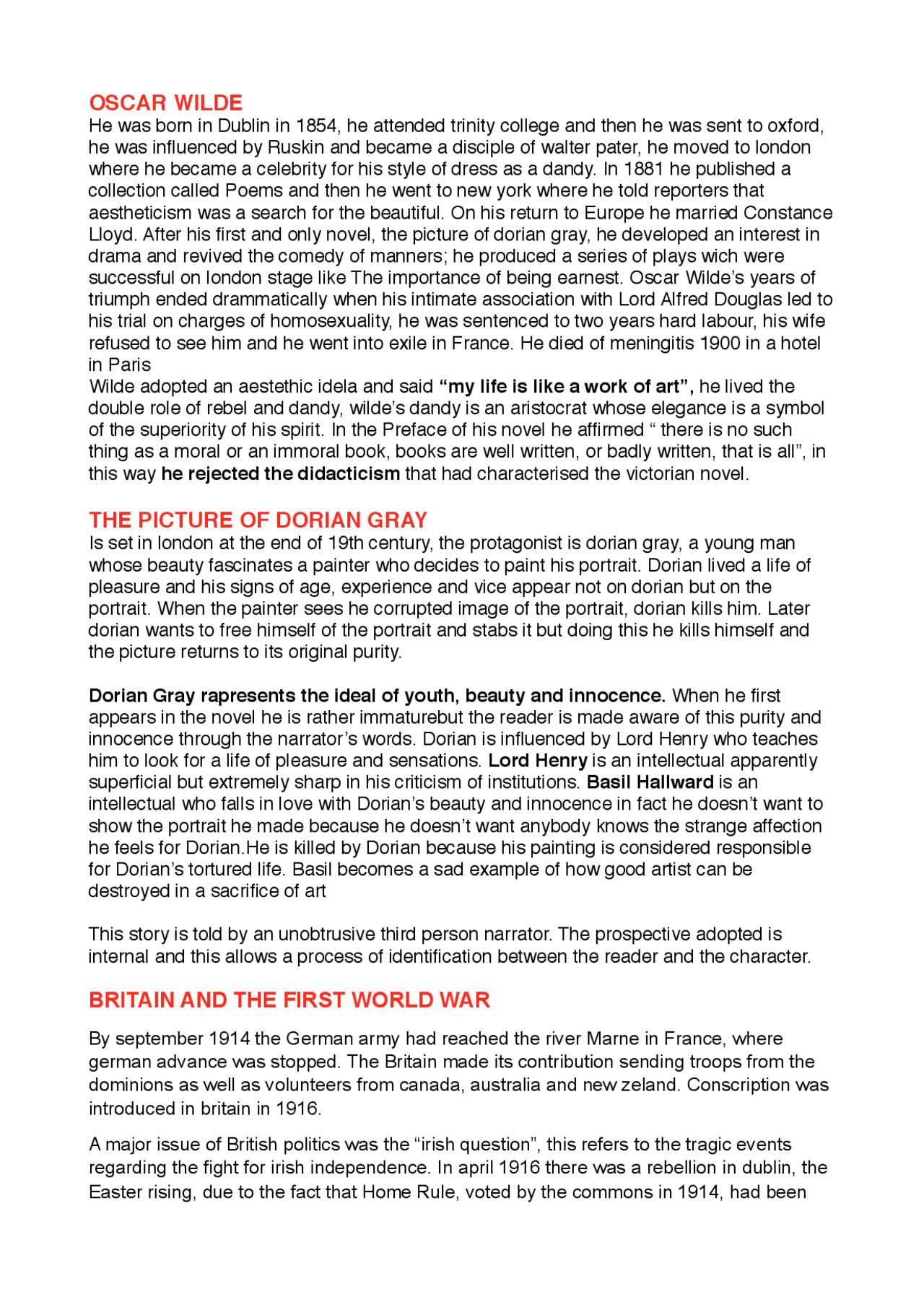 Oscar Wilde and the First World War - Docsity