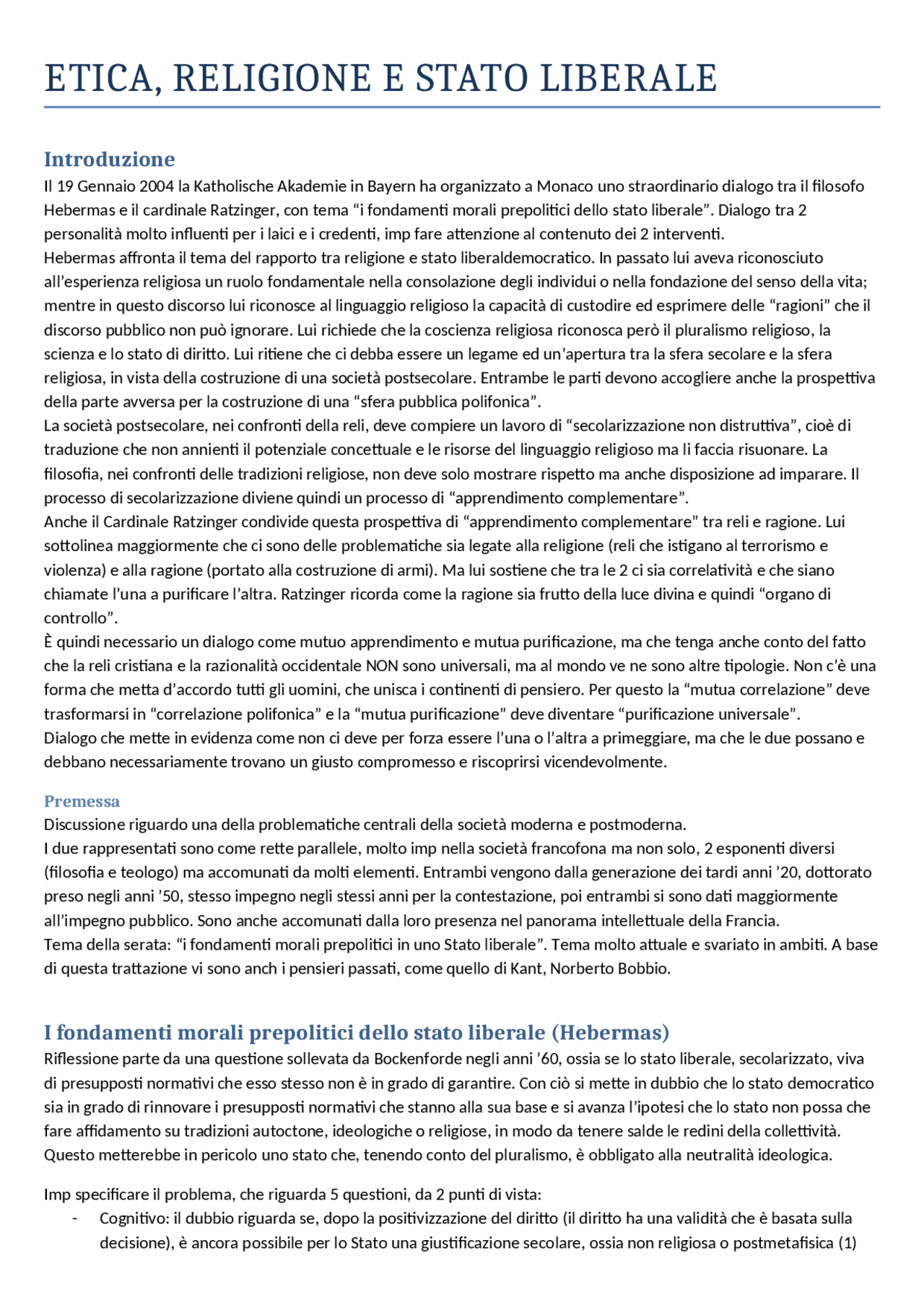 Etica religione e stato liberale - Docsity