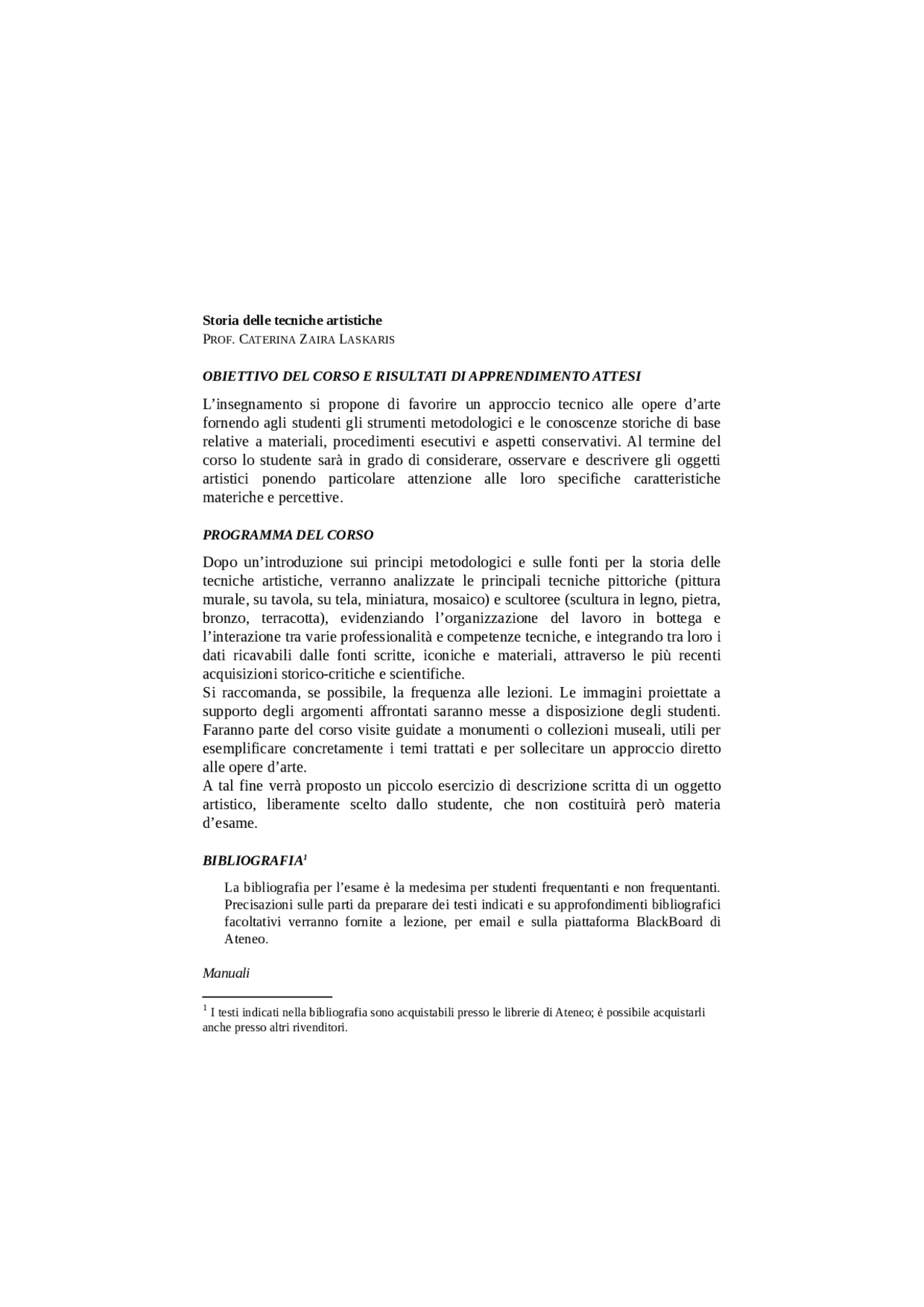 Programma del corso di storia delle tecniche artistiche - Docsity