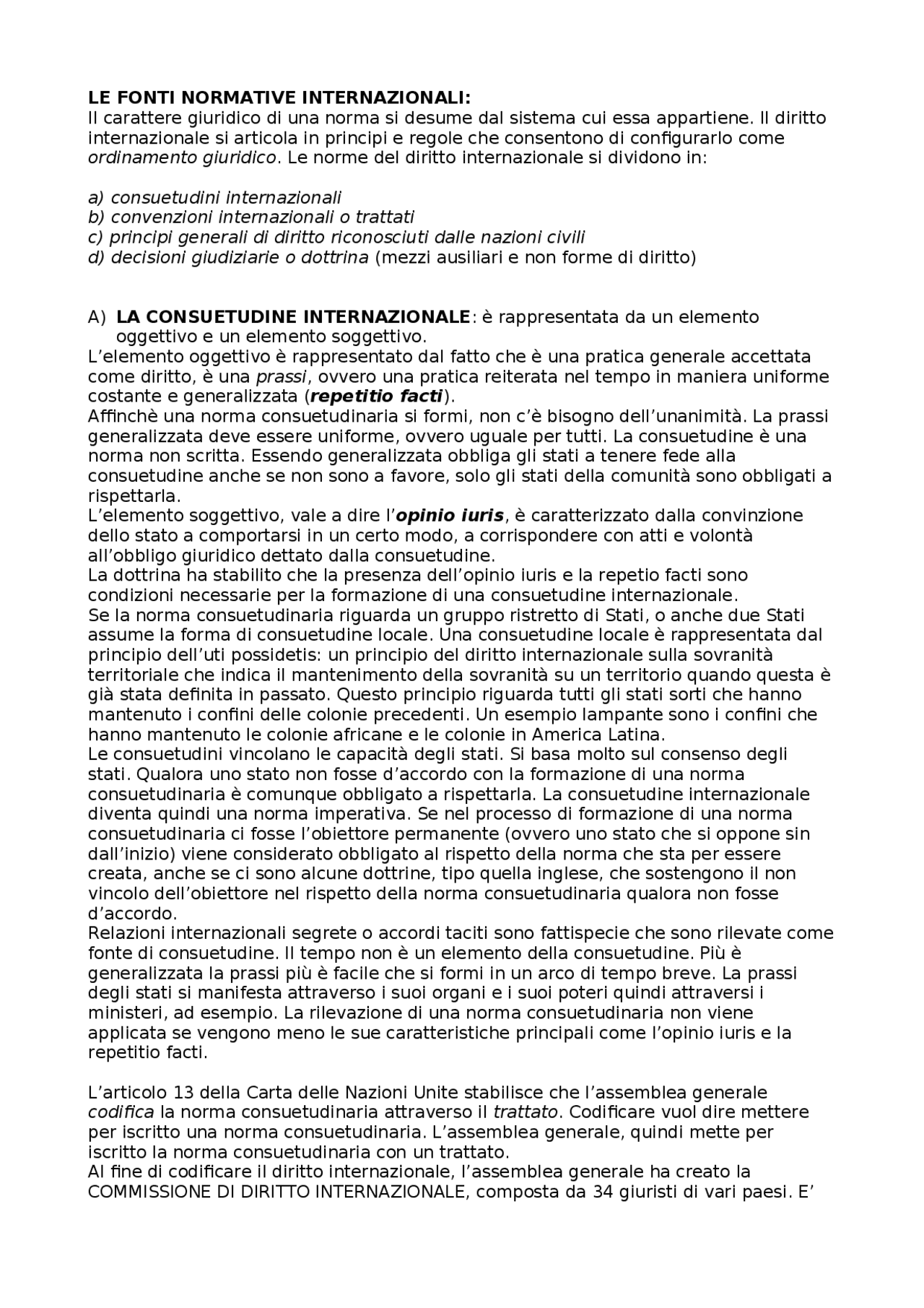 Le fonti normative del diritto internazionale - Docsity