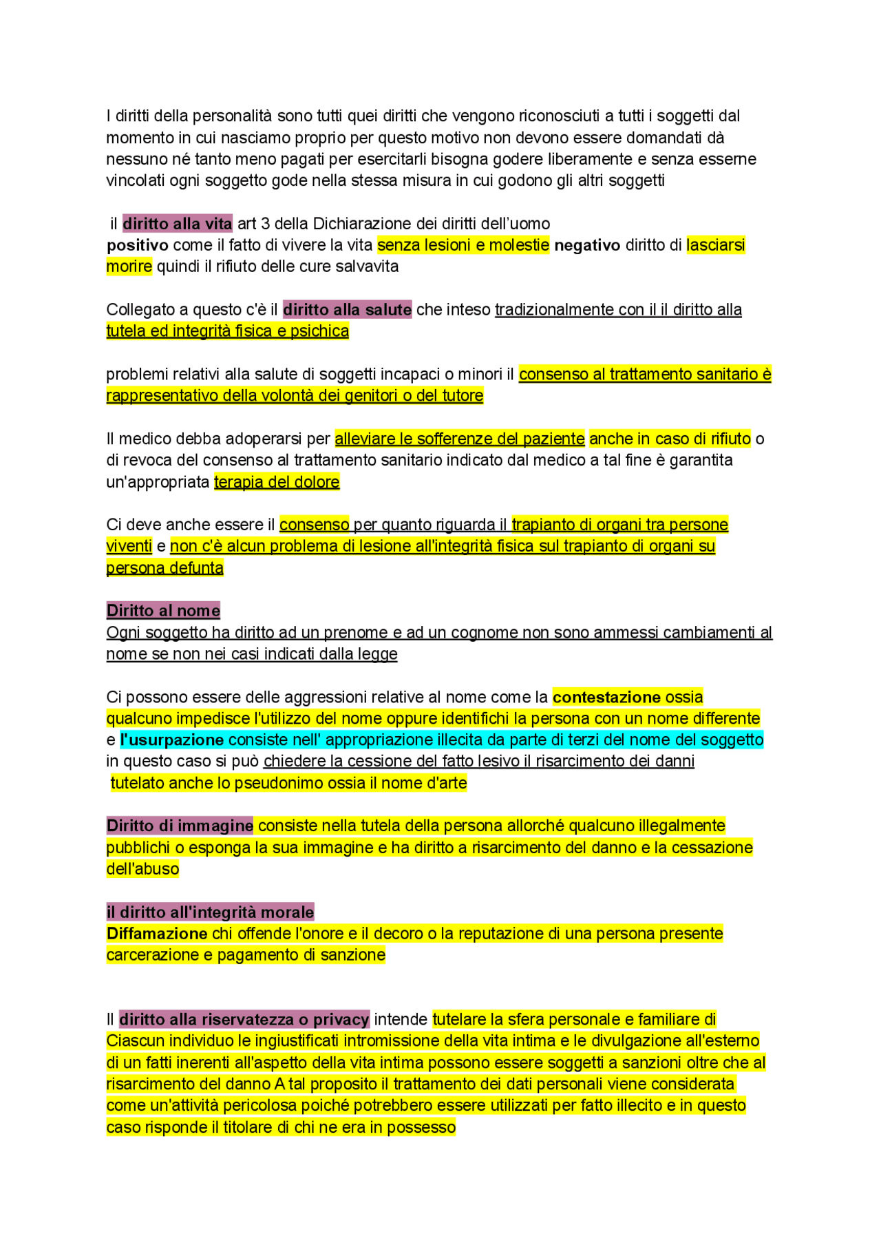 Principali Diritti Della Personalità Docsity