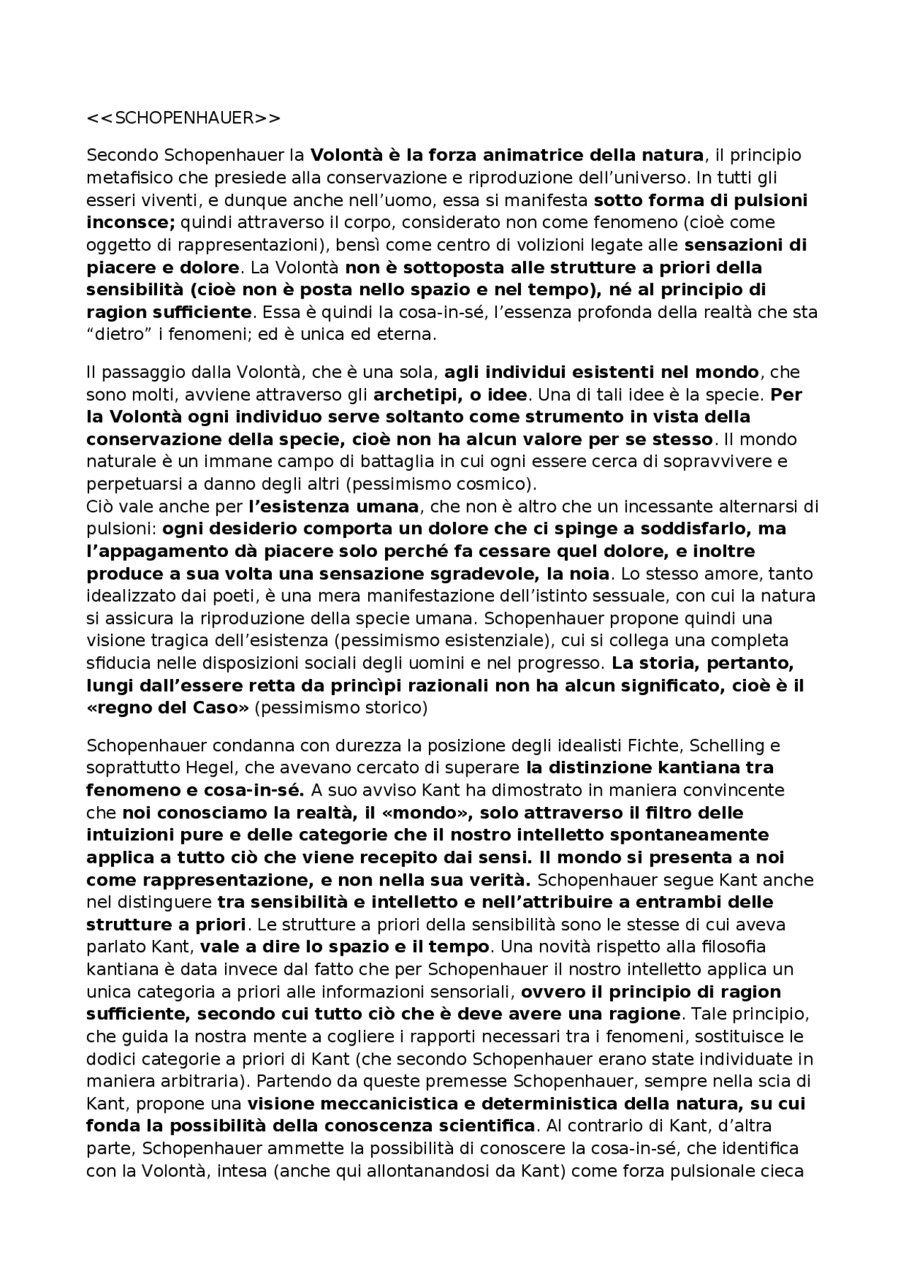 Schopenhauer Riassunto Docsity