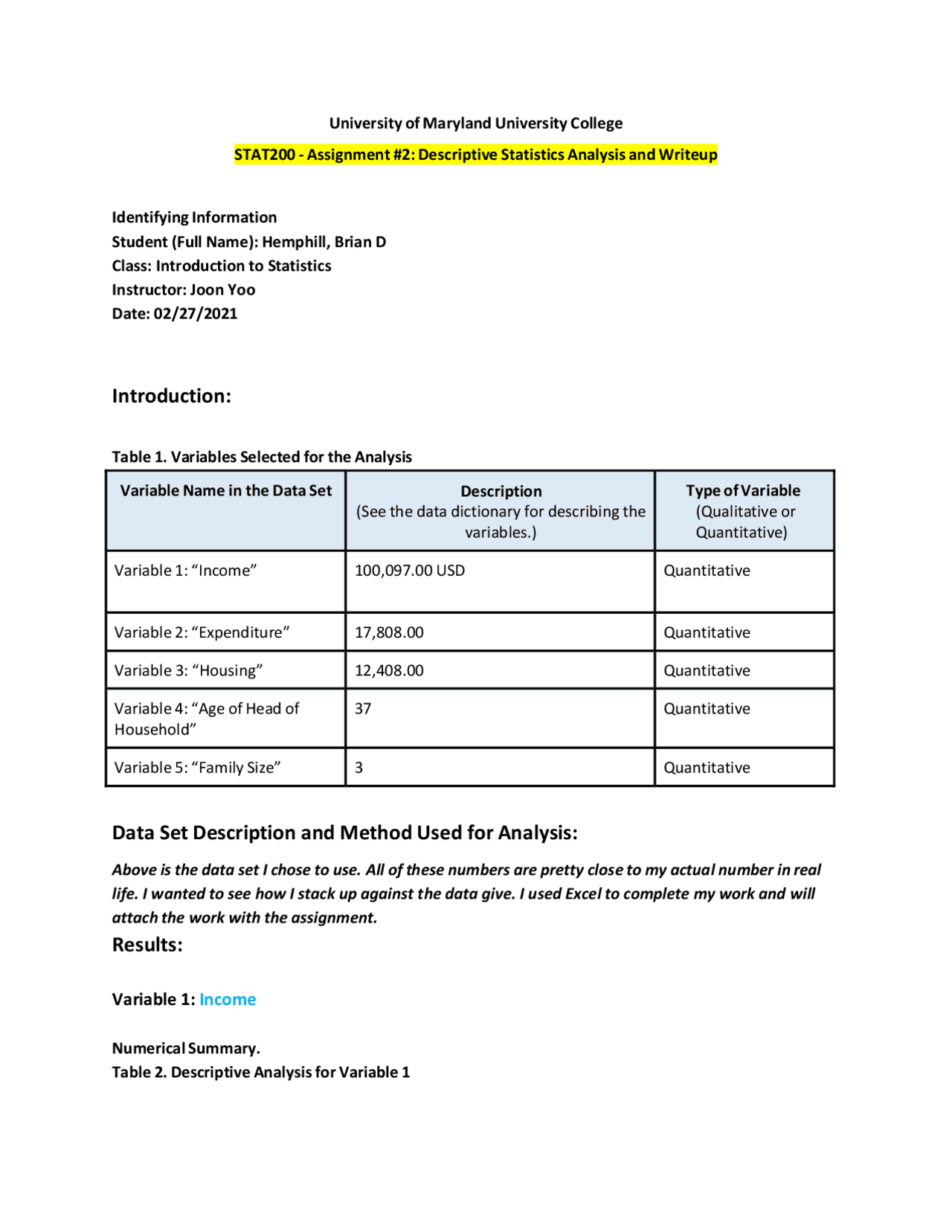 Stat200 Assignment 2 Descriptive Statistics Analysis And Writeup