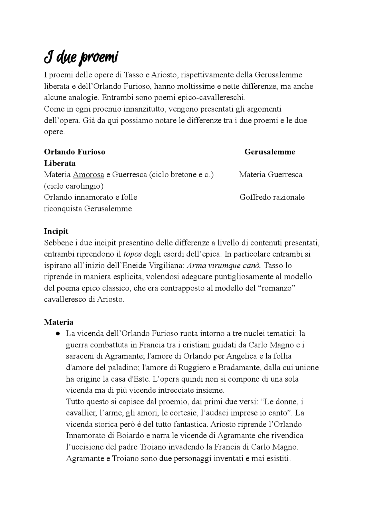 Confronto Dei Proemi Delle Opere Di Tasso E Ariosto Appunti Di