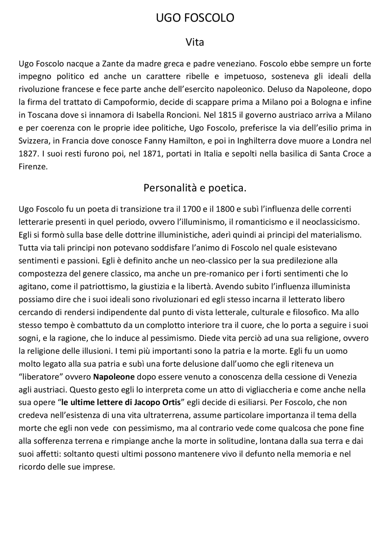 Ugo Foscolo Vita E Opere Riassunto Docsity