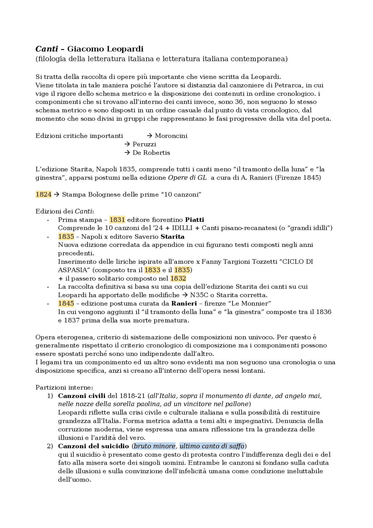 Schema Sui Canti Di Giacomo Leopardi Docsity