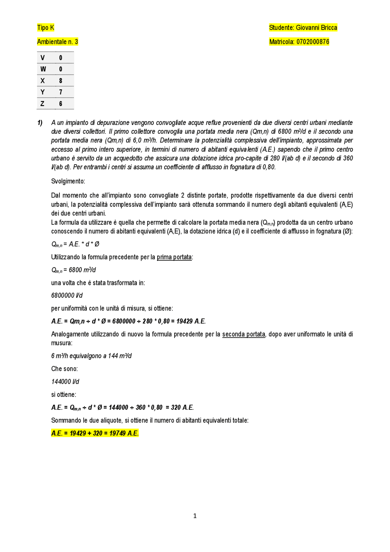 Prova Intercorso Ingegneria Ambientale N°3 Tipo K Docsity