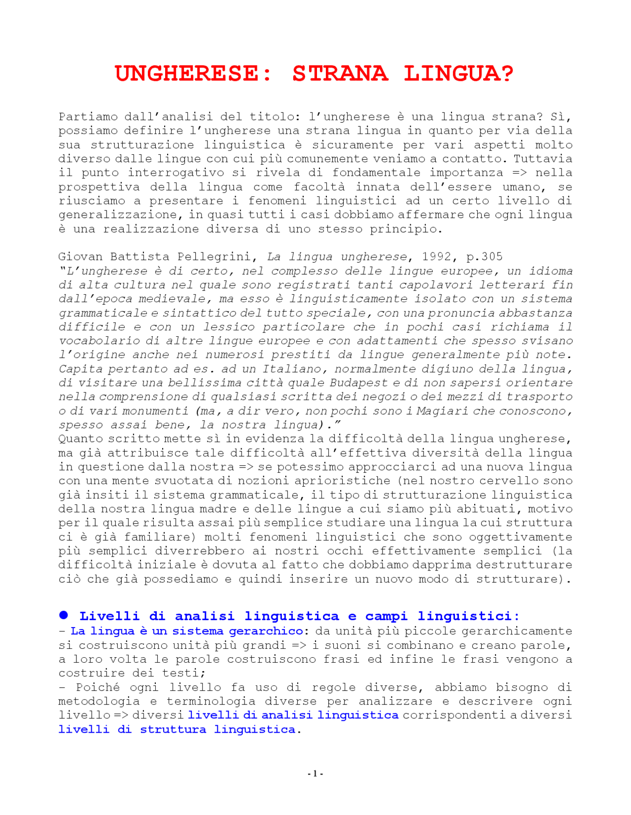 Lingua ungherese - Fonetica e fonologia, morfologia e sintassi - Docsity