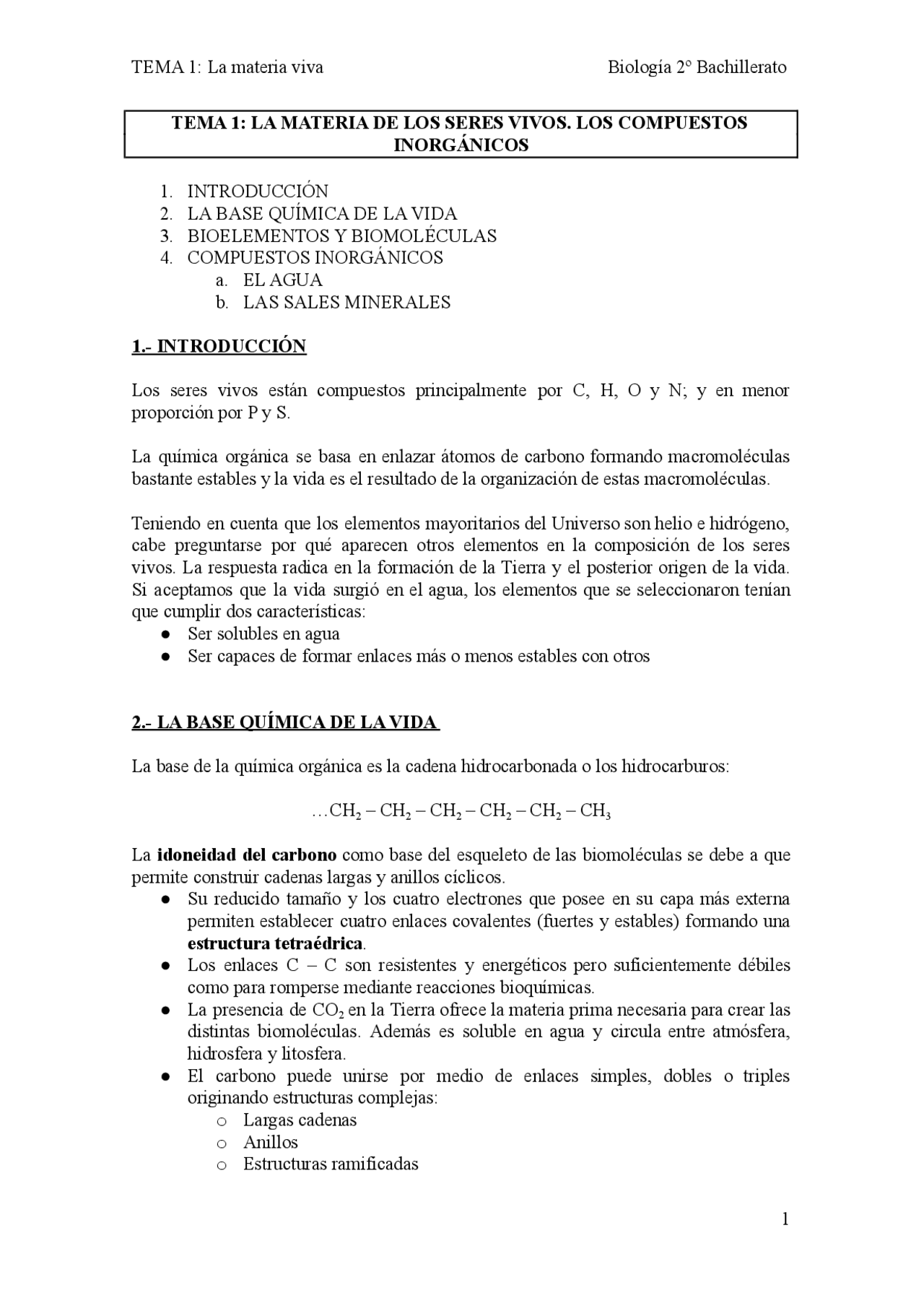 Tema 1 La materia de los seres vivos. Los compuestos inorgánicos - Docsity