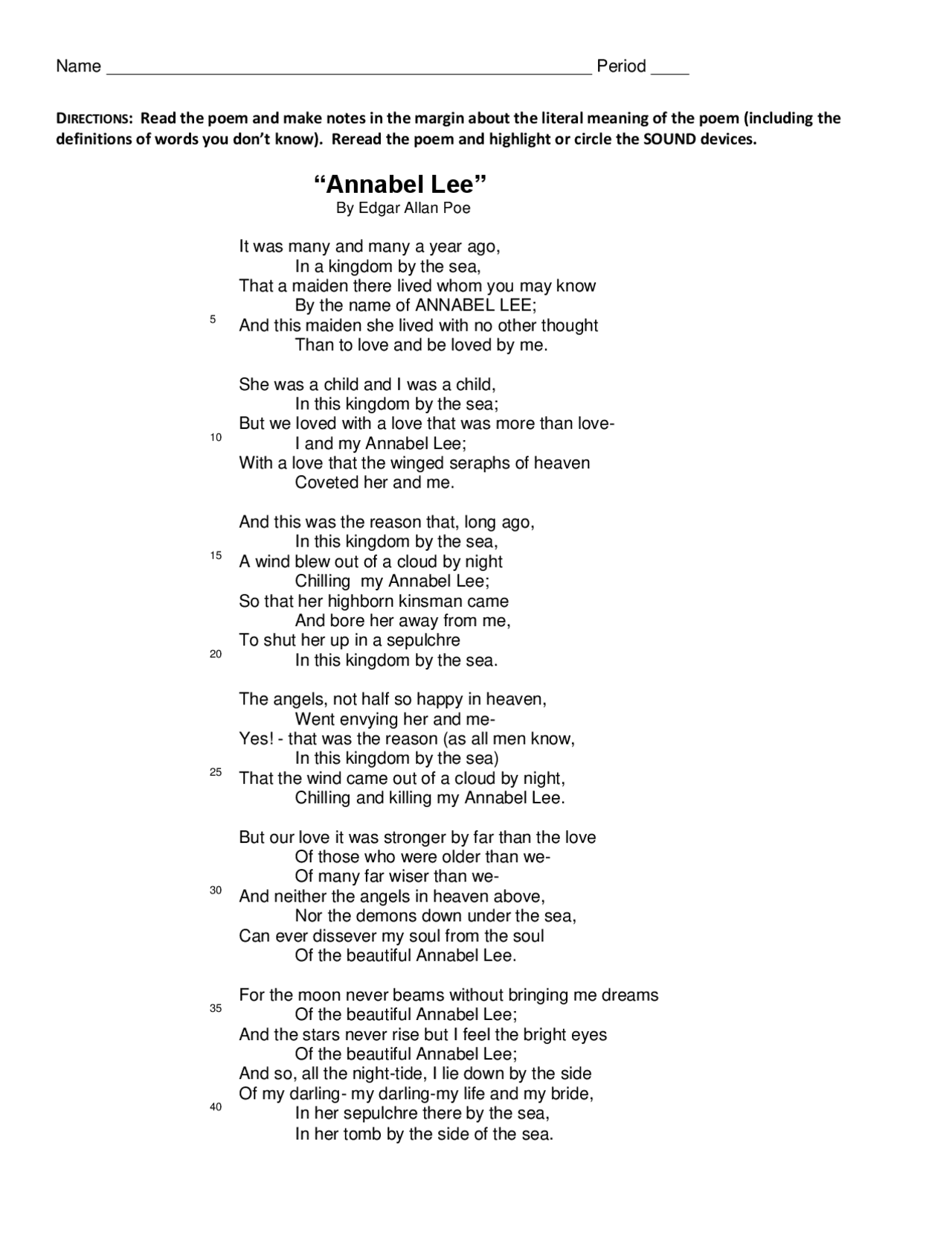 Annabel Lee By Edgar Allan Poe - Docsity