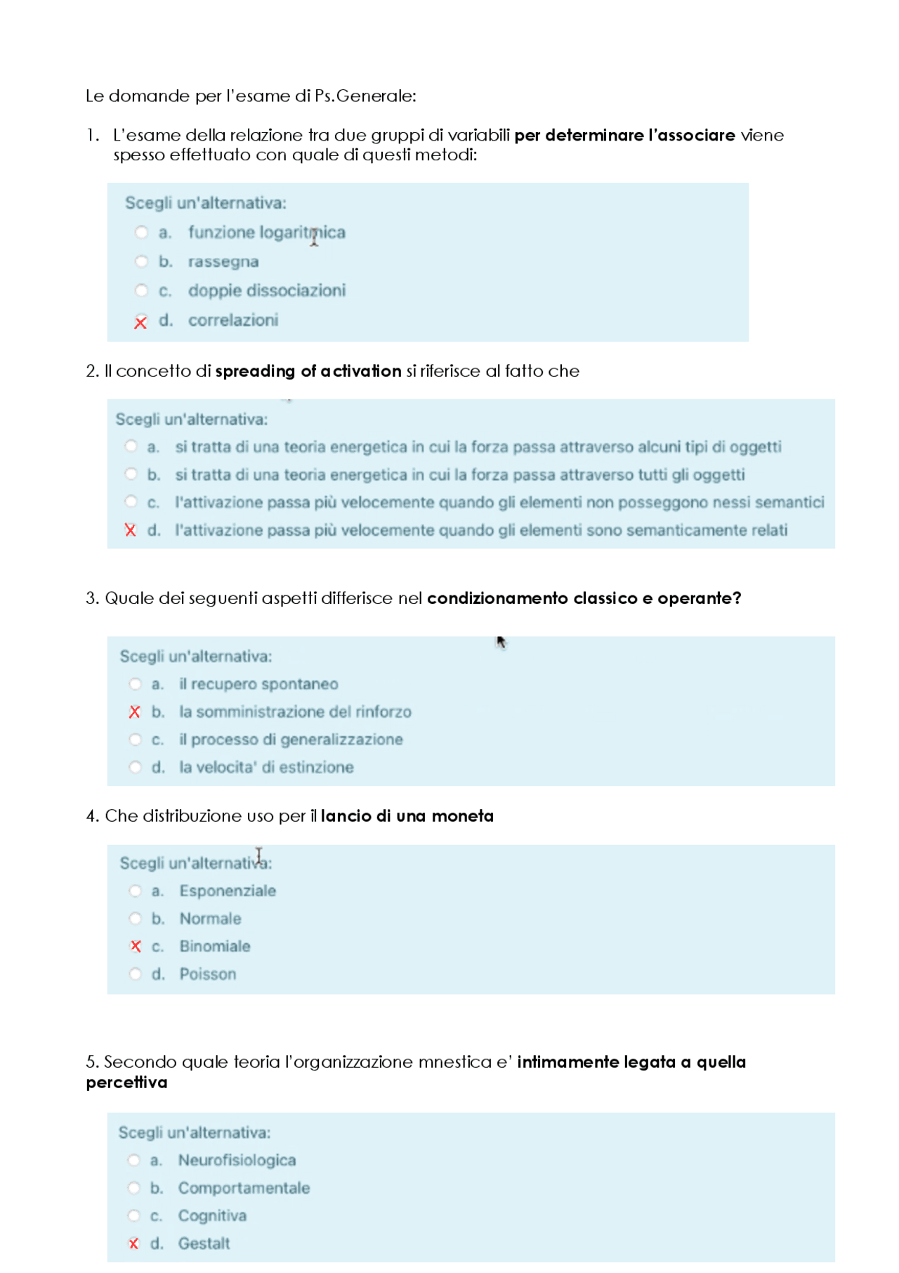 Domande Del Preappello Di Psicologia Generale 2122 Pool 1 Docsity